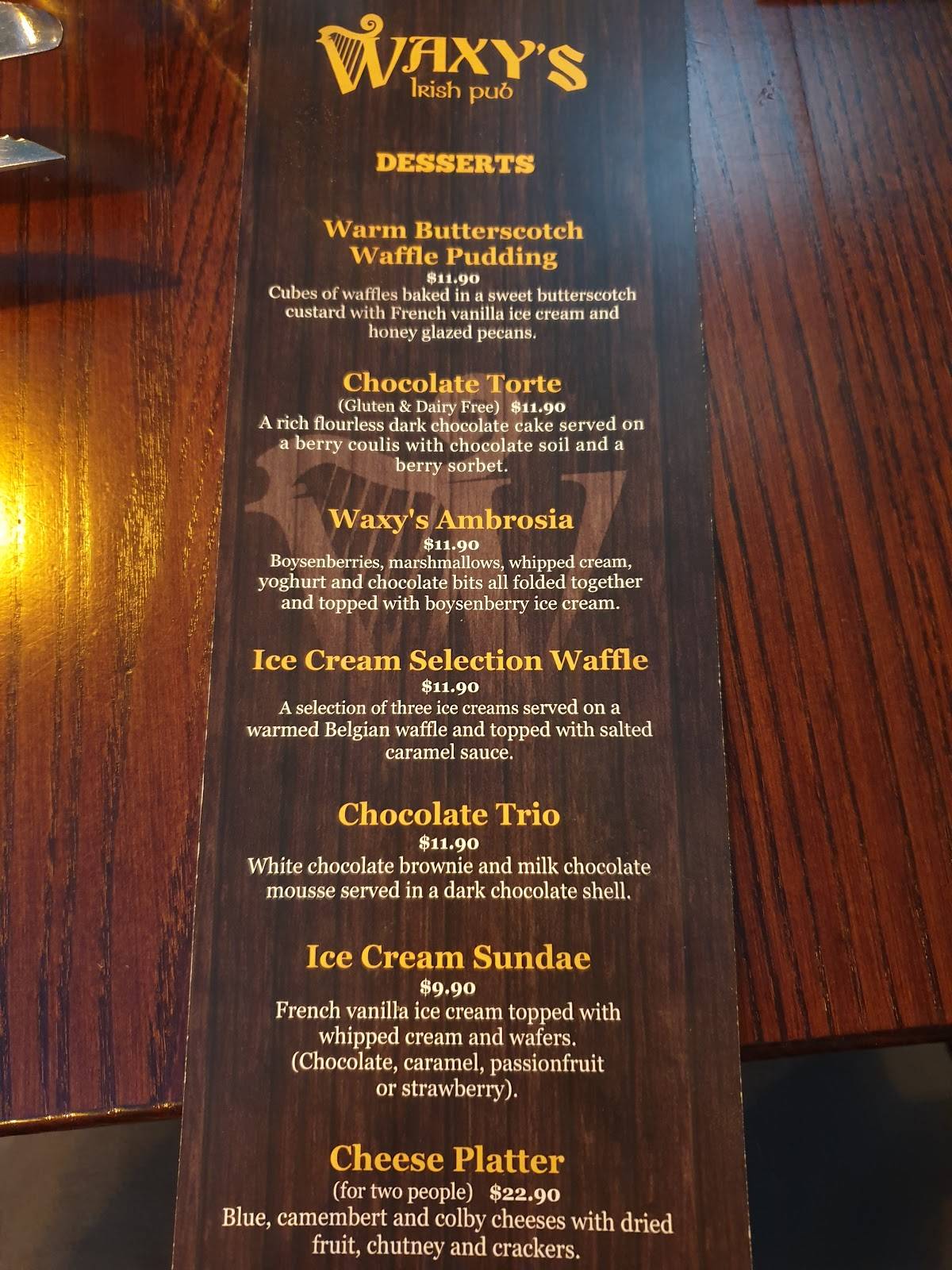Menu at Waxy's Irish Pub, Invercargill