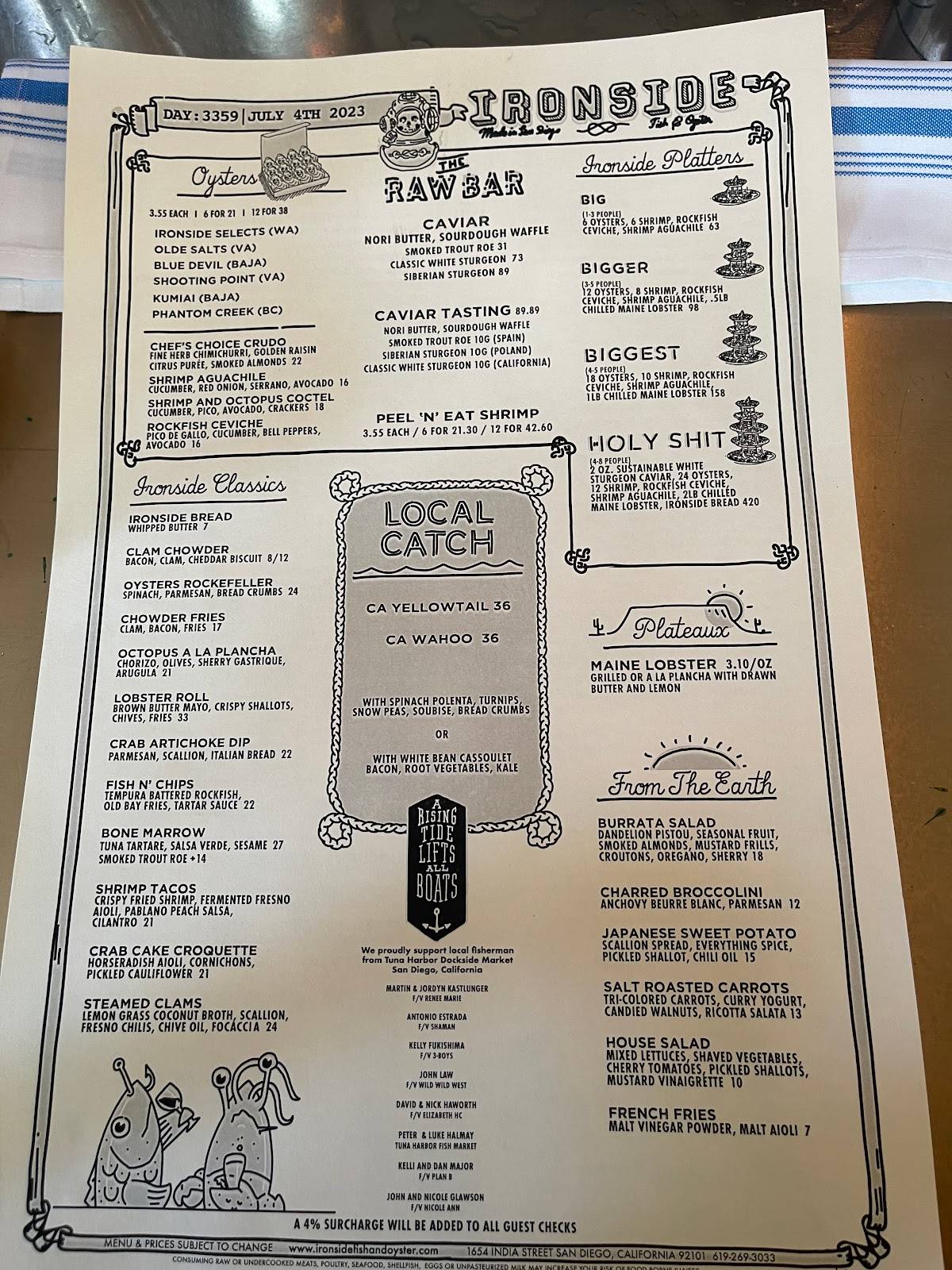 Menu at Ironside Fish & Oyster Bar, San Diego, India St