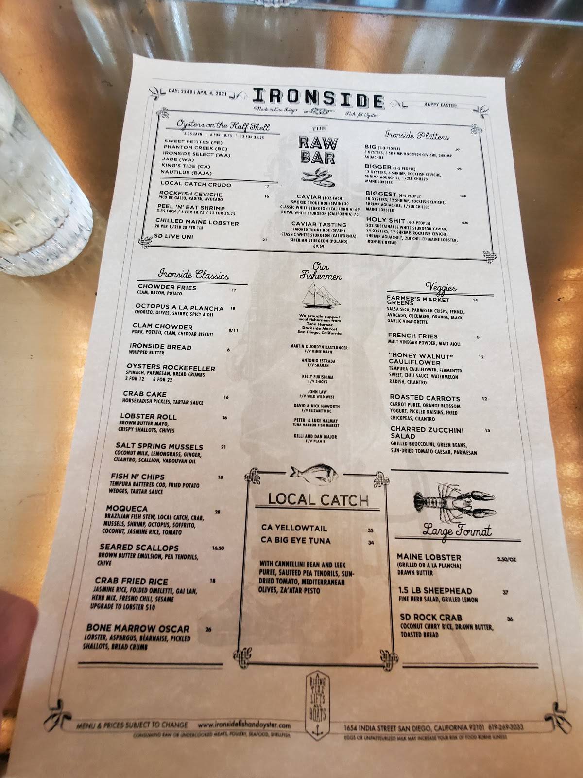 Menu at Ironside Fish & Oyster Bar, San Diego, India St