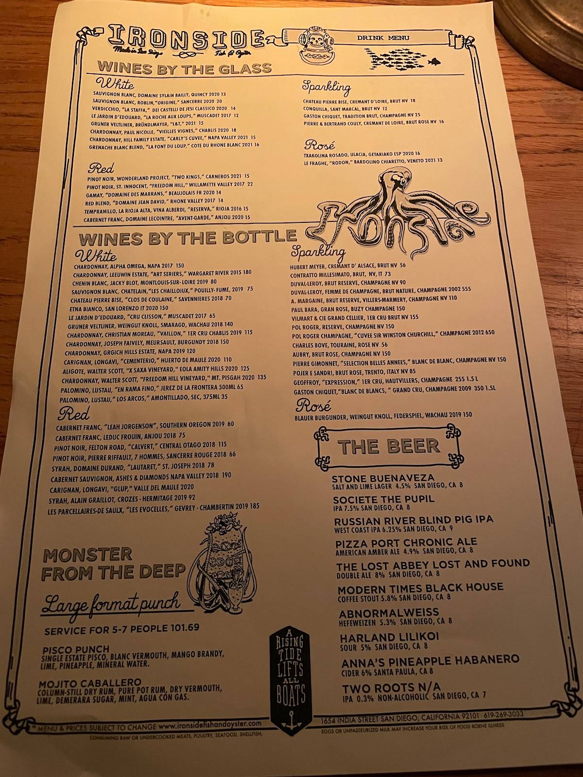 Menu at Ironside Fish & Oyster Bar, San Diego, India St
