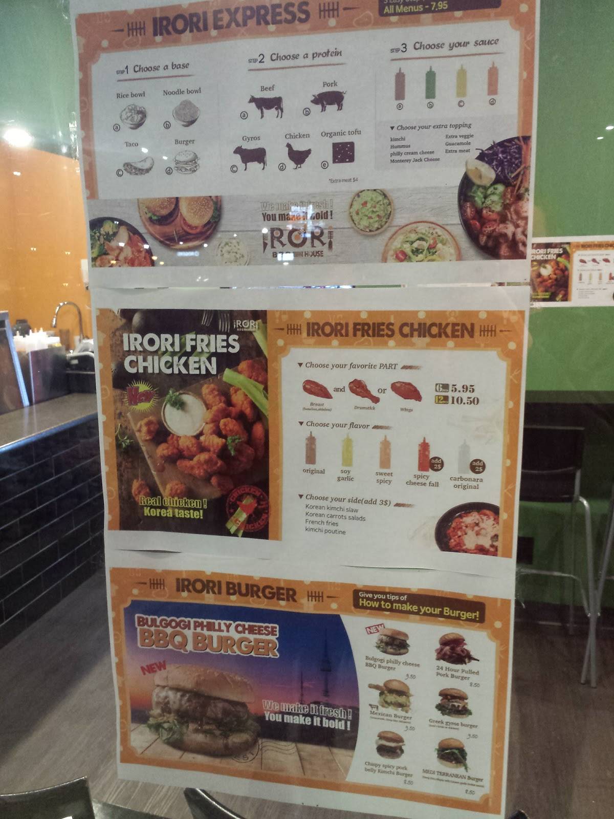 Menu at Irori BBQ house, Steinbach