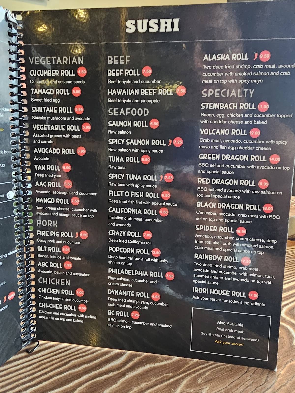 Menu at Irori BBQ house, Steinbach