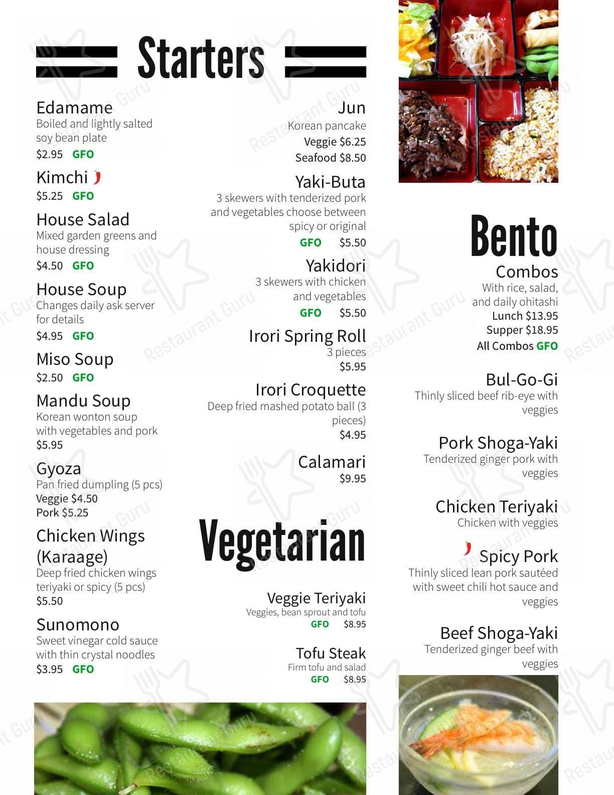 Menu at Irori BBQ house, Steinbach