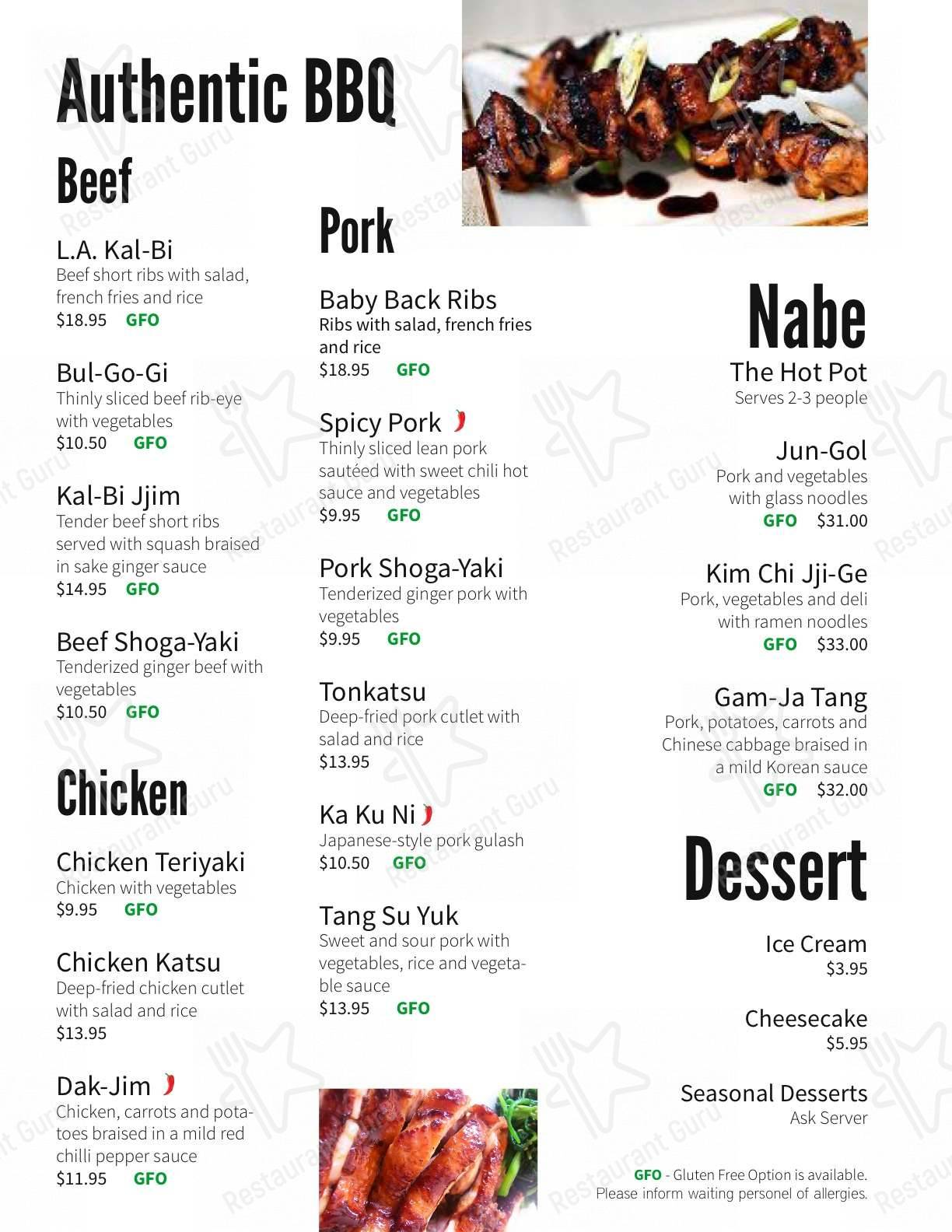 Menu at Irori BBQ house, Steinbach