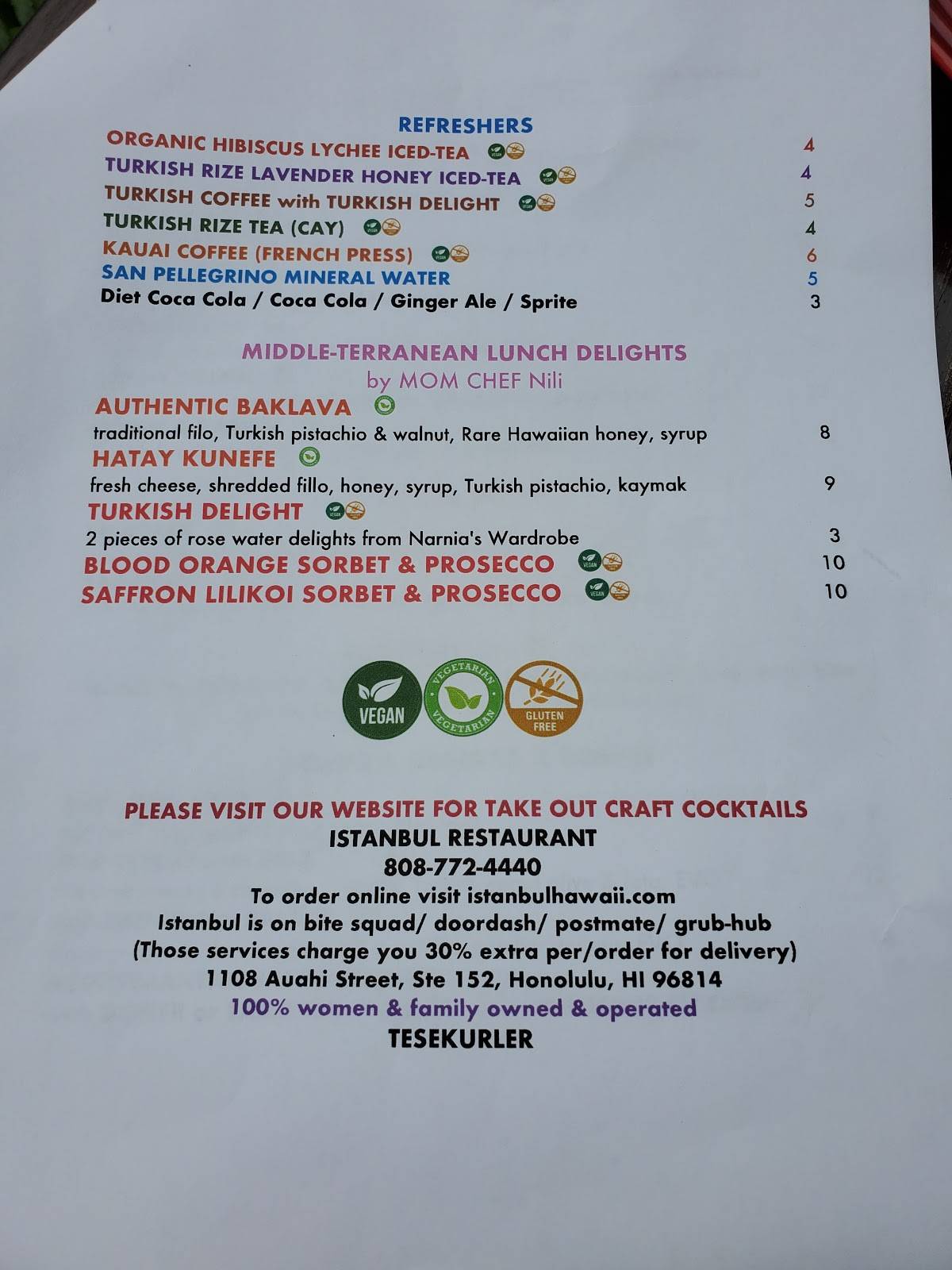 Menu at Istanbul Hawaii pub & bar, Honolulu