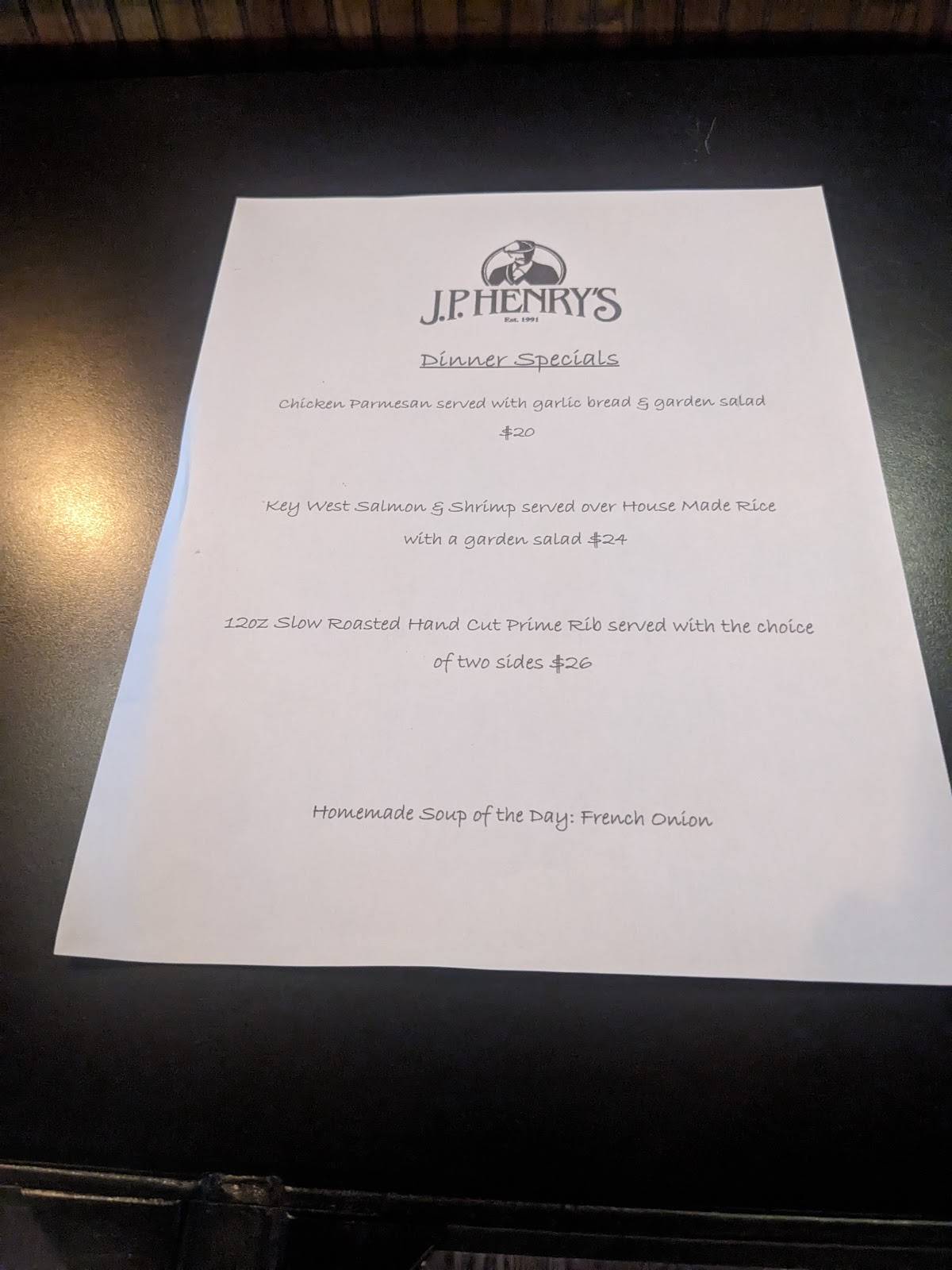 Menu at J.P. Henry's Restaurant, Parkersburg