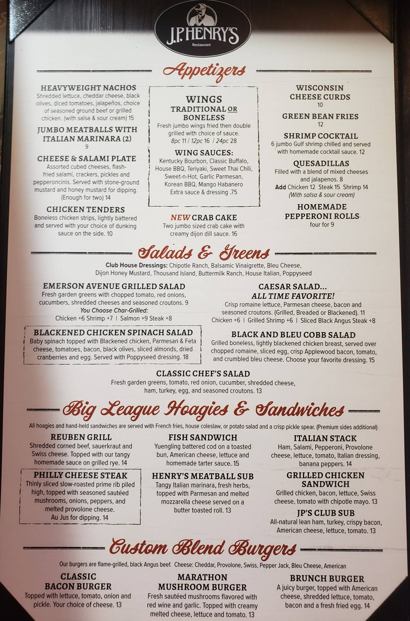 Menu at J.P. Henry's Restaurant, Parkersburg