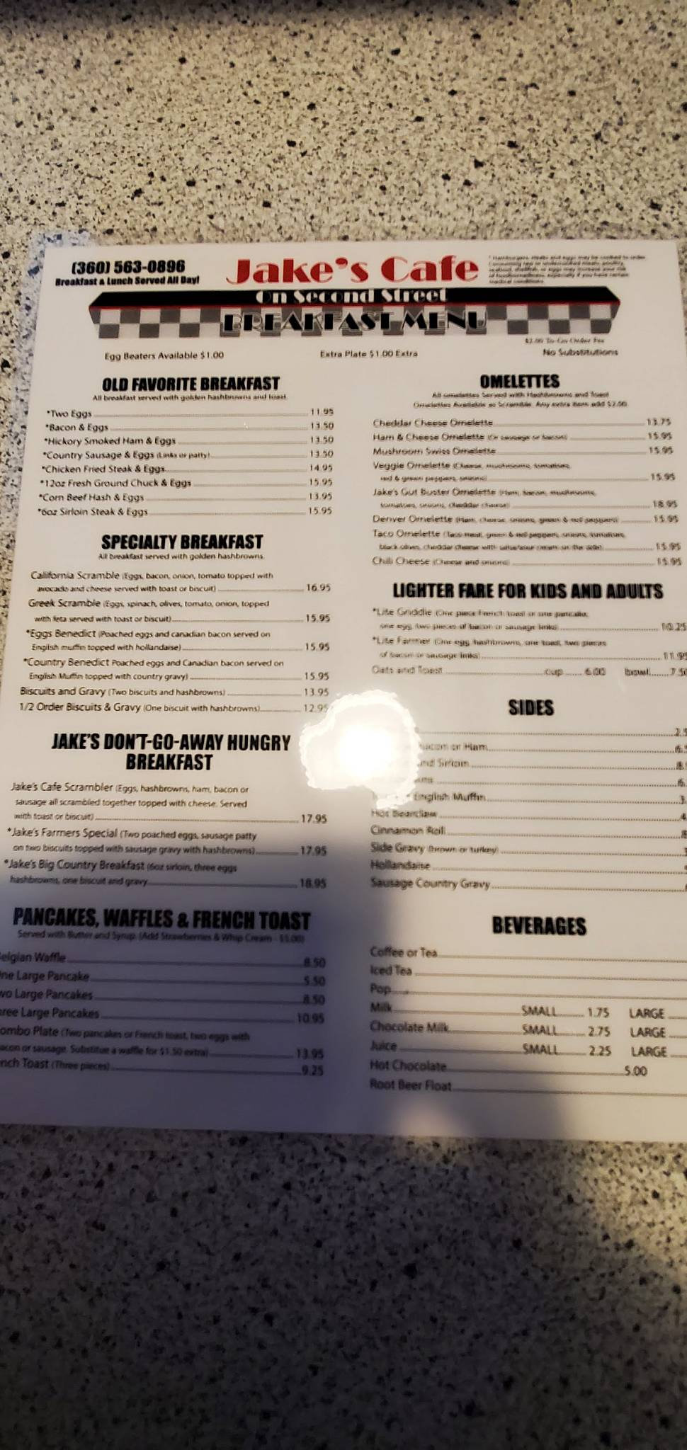 Menu at Jake's Cafe on 2nd Street, Snohomish