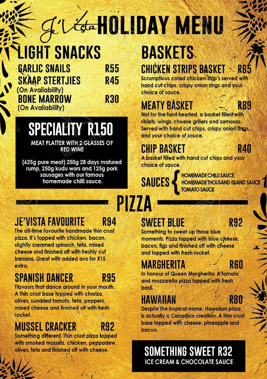 Menu at Je'Vista Social Cafe, Jeffreys Bay