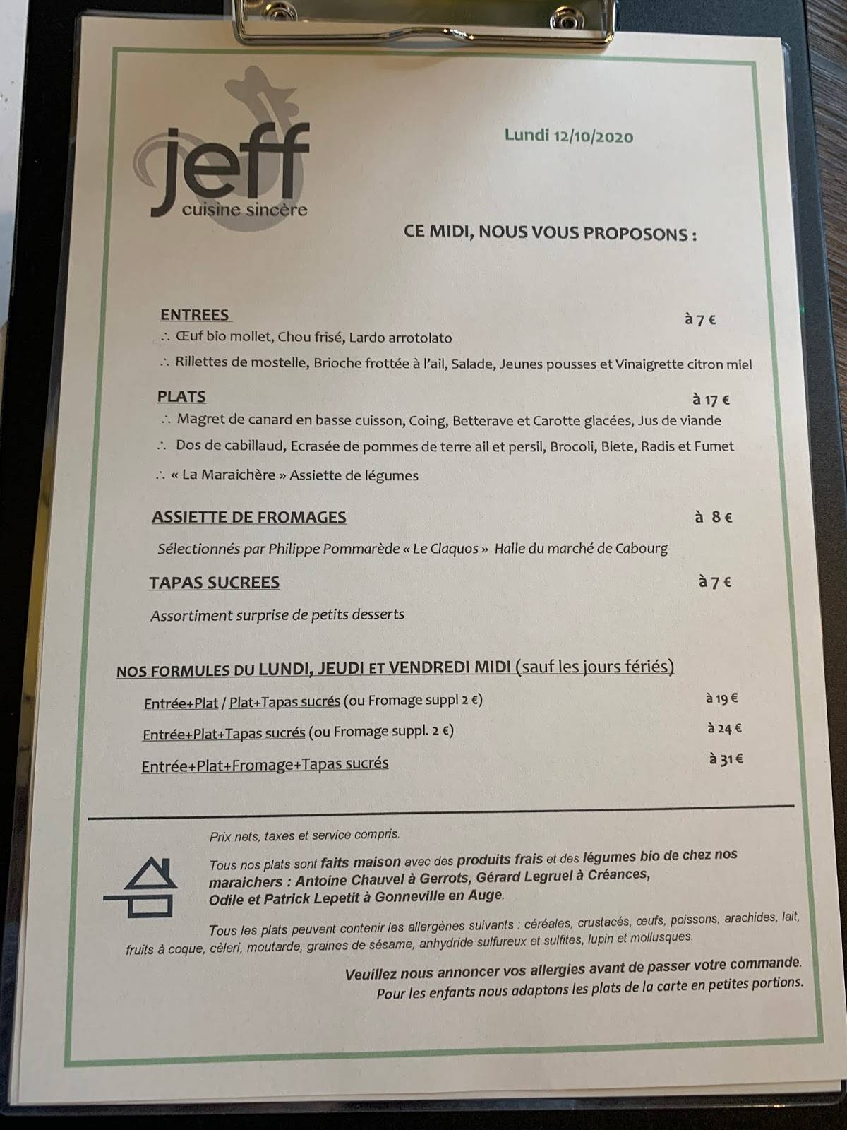 Menu au Jeff Cuisine Sincère restaurant, Cabourg, 83 Avenue Guillaume ...