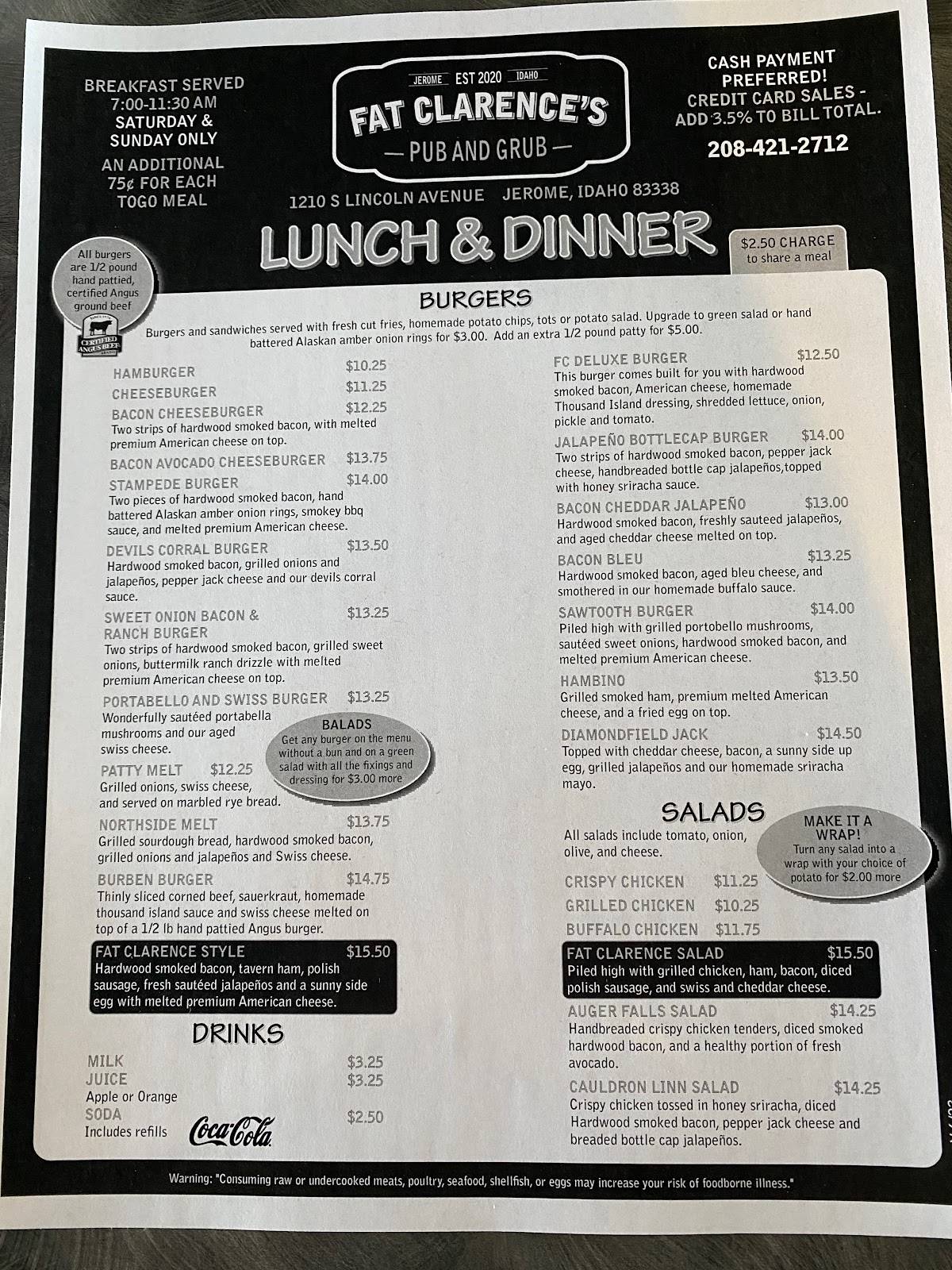 Menu at Fat Clarence's Pub and Grub, Jerome