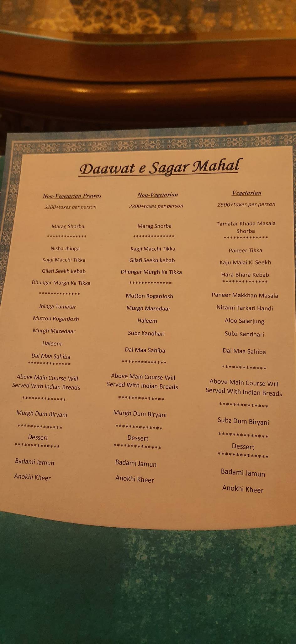 Menu at Jewel of Nizam - The Minar, Hyderabad, The Golkonda Resort