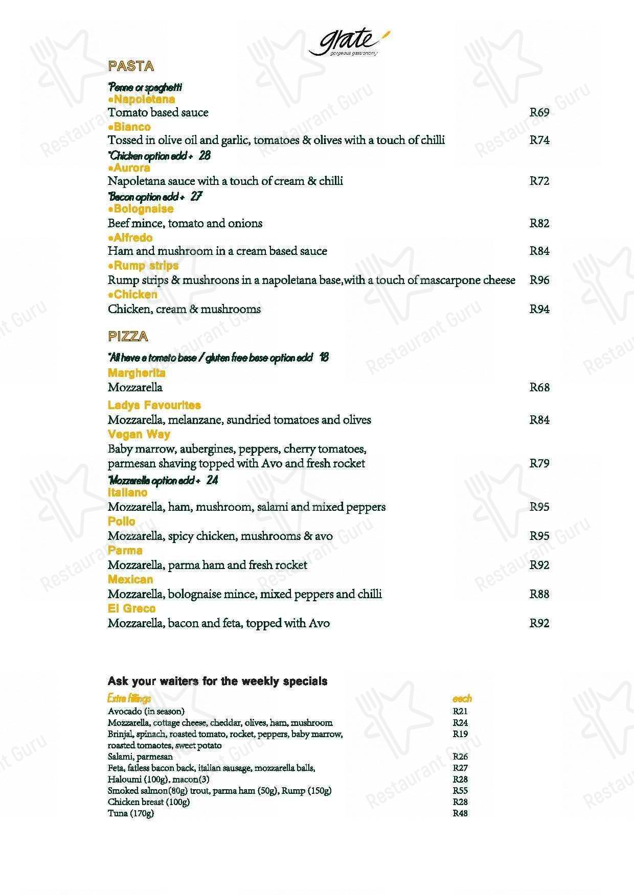 Menu at Grate restaurant, Sandton