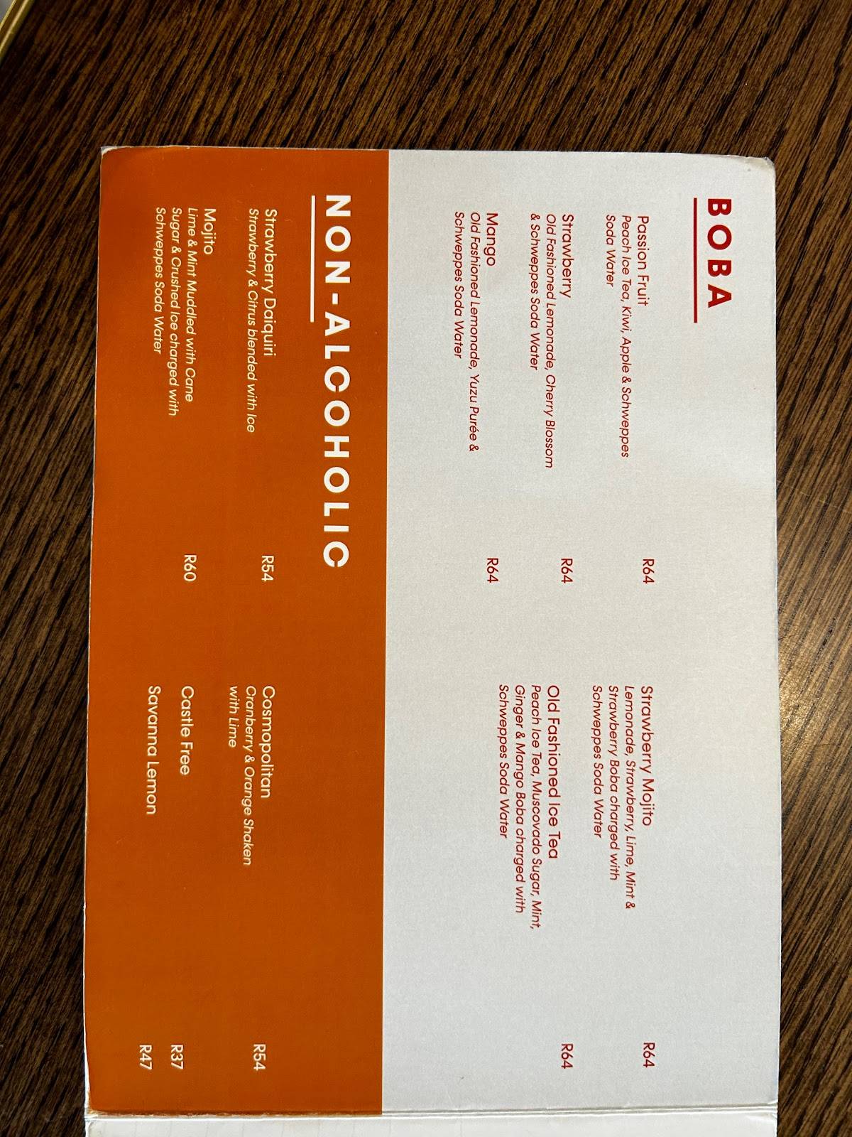 Menu at Blu Bam Boo restaurant, Johannesburg