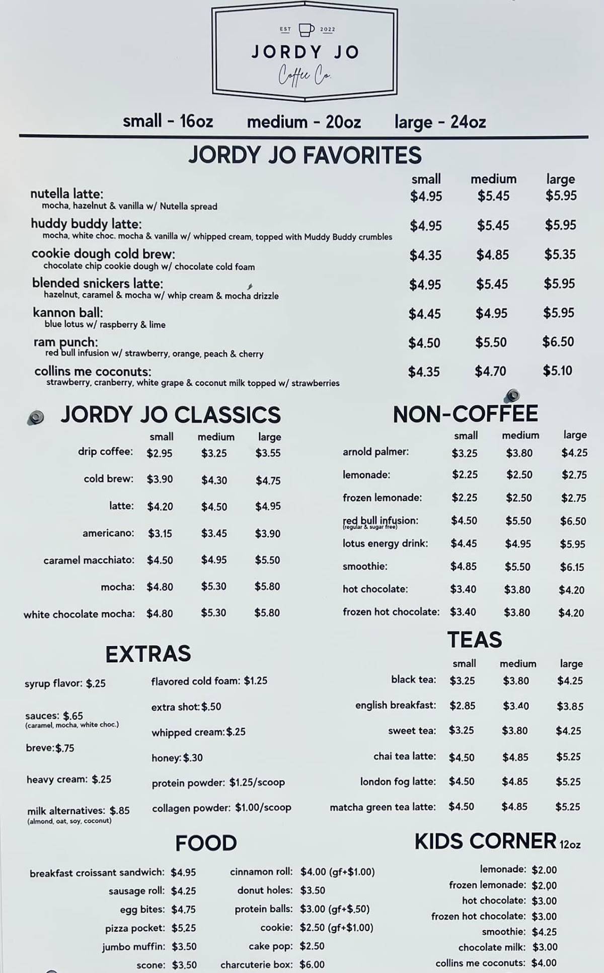 Menu at Jordy Jo Coffee Co., Owasso
