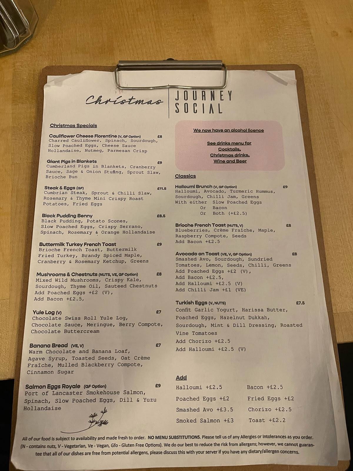 Menu at Journey Social restaurant, Lancaster