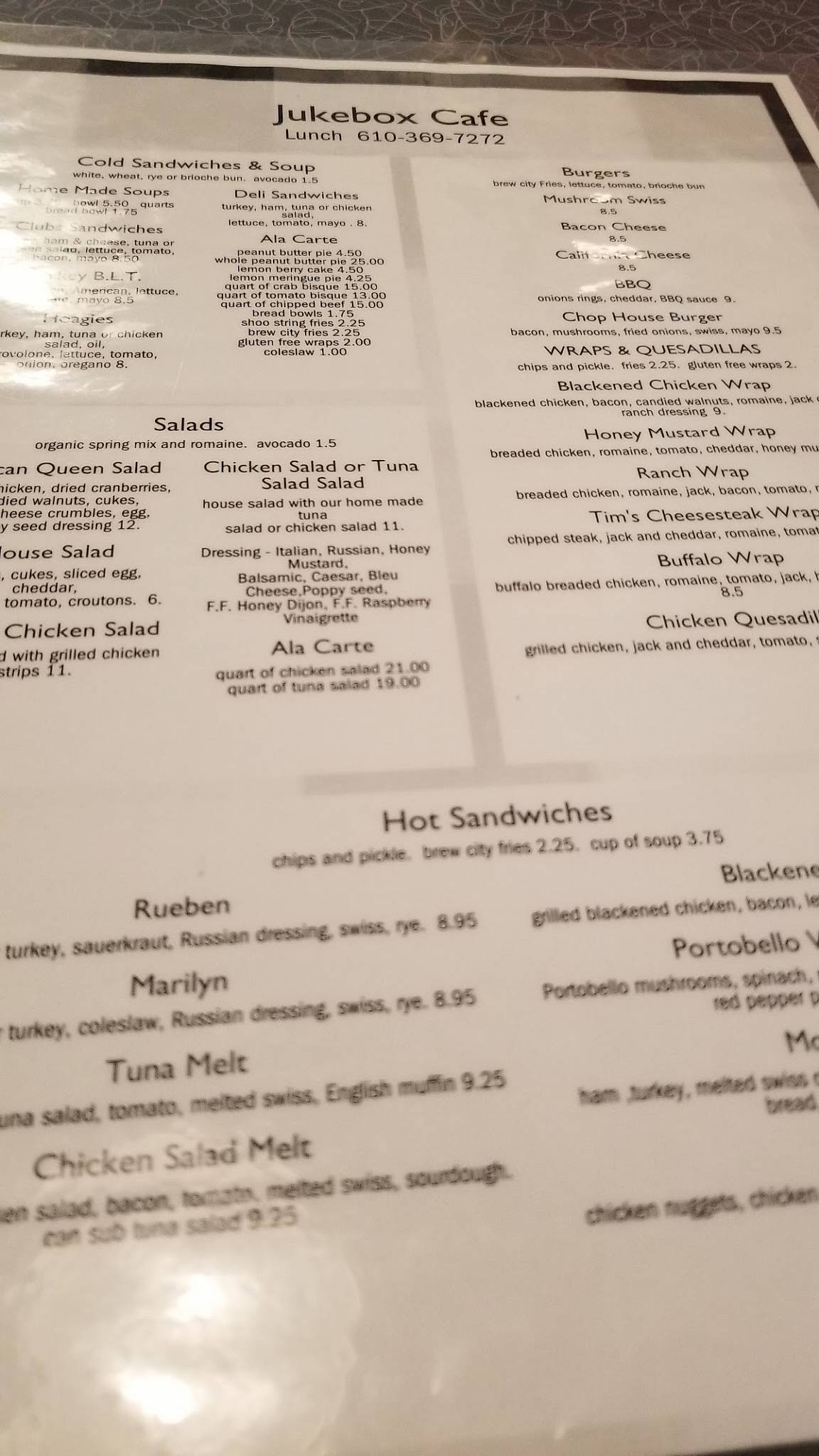 Menu at Jukebox Cafe, Boyertown