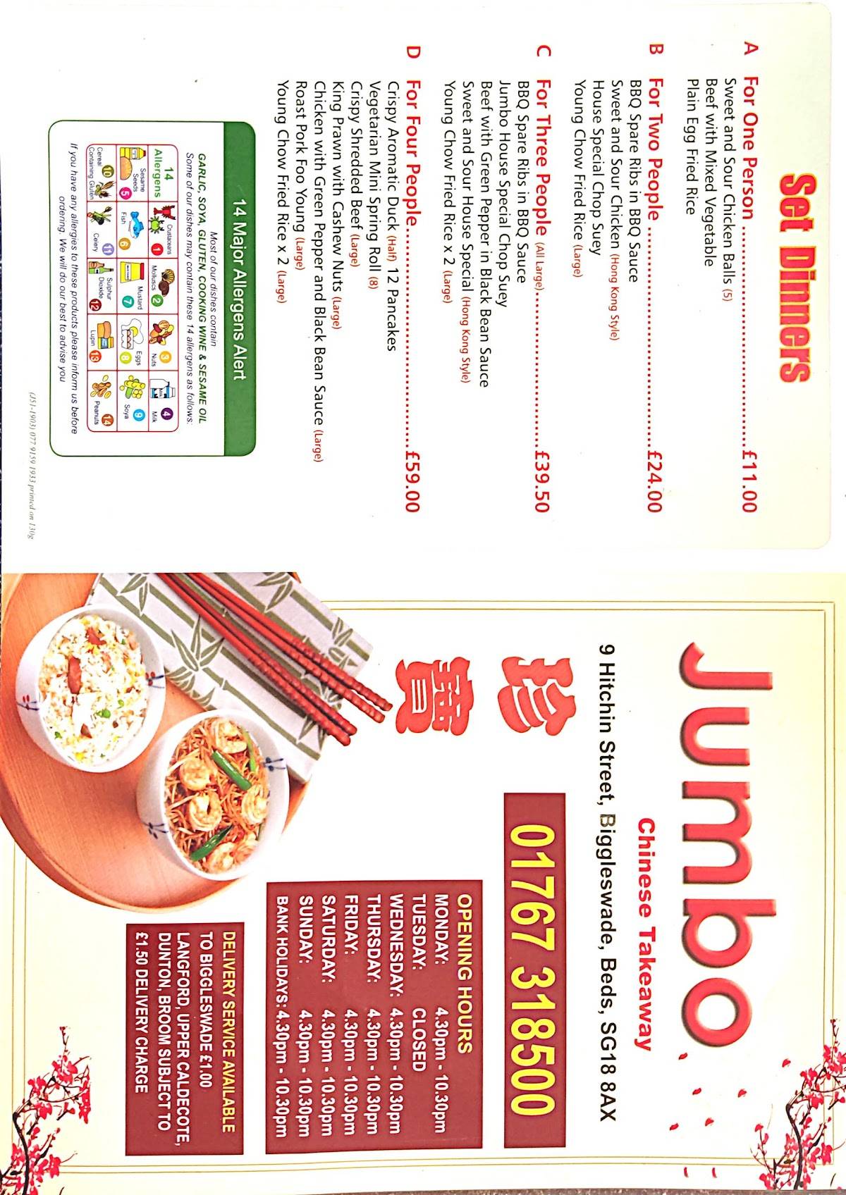 Menu at Jumbo Chinese Takeaway restaurant, Biggleswade