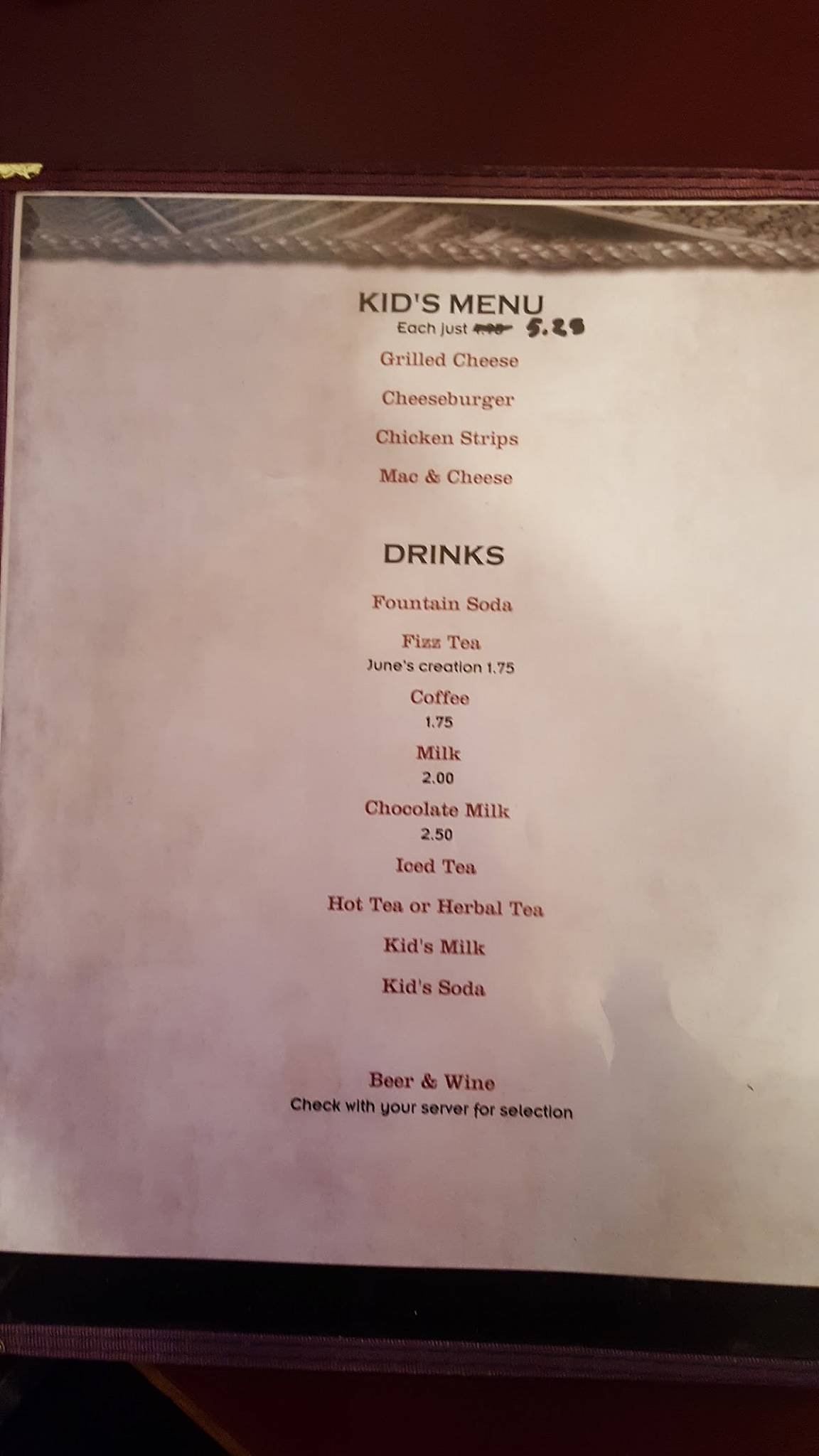Menu at June's Bungalow restaurant, Miles City, 153 MT-59