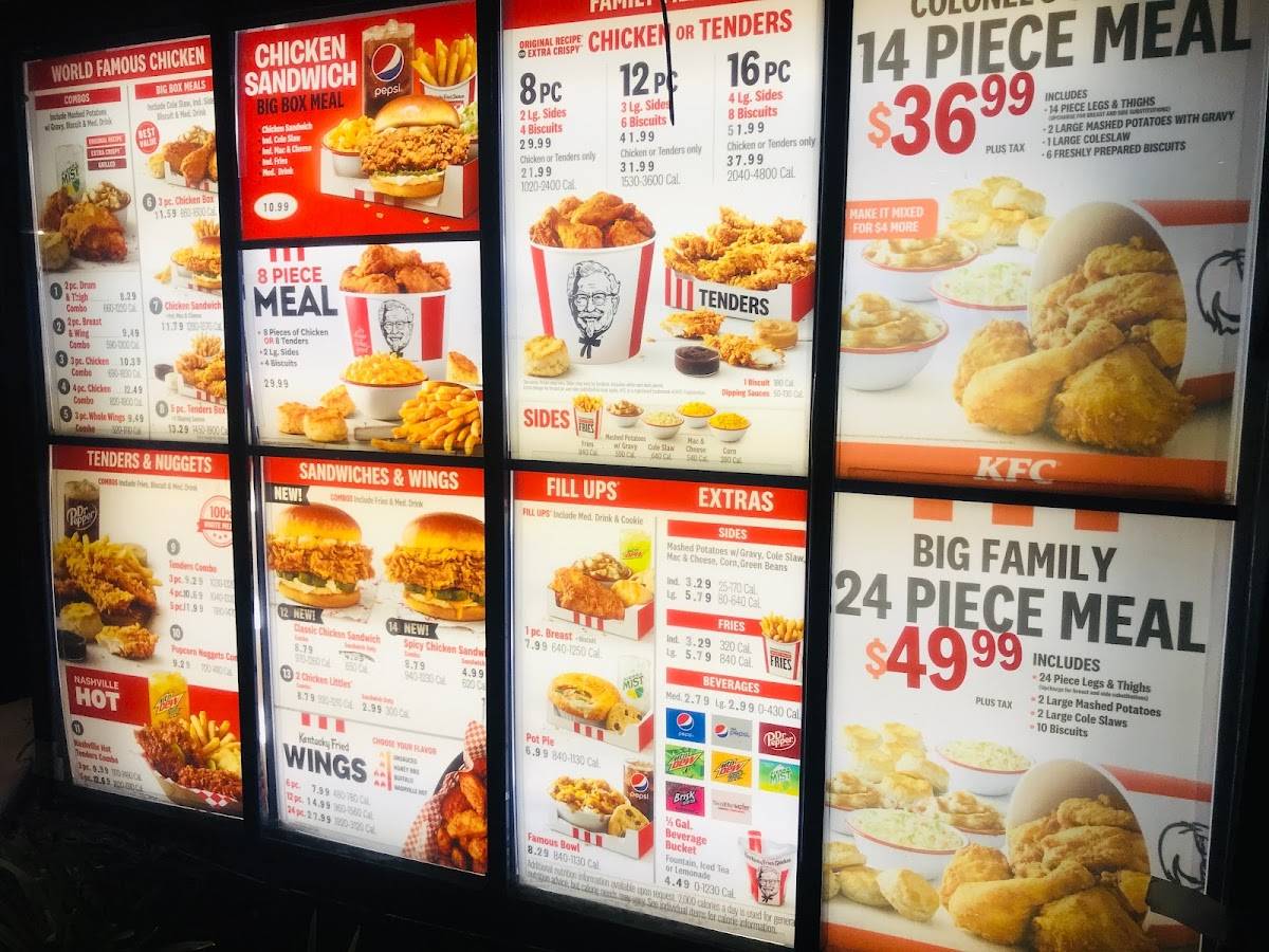 Menu at KFC fast food, San Diego, Mira Mesa Blvd