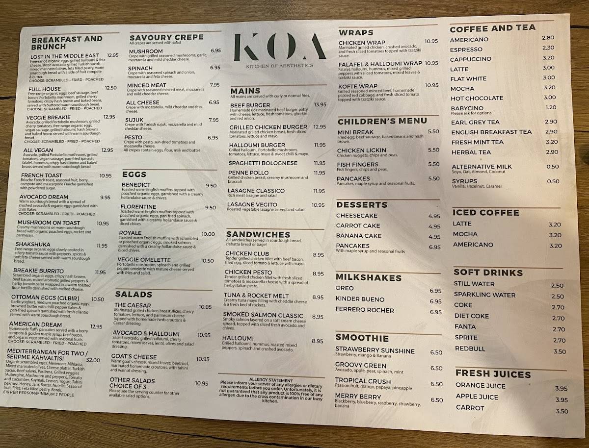 Menu at KOA London cafe, London