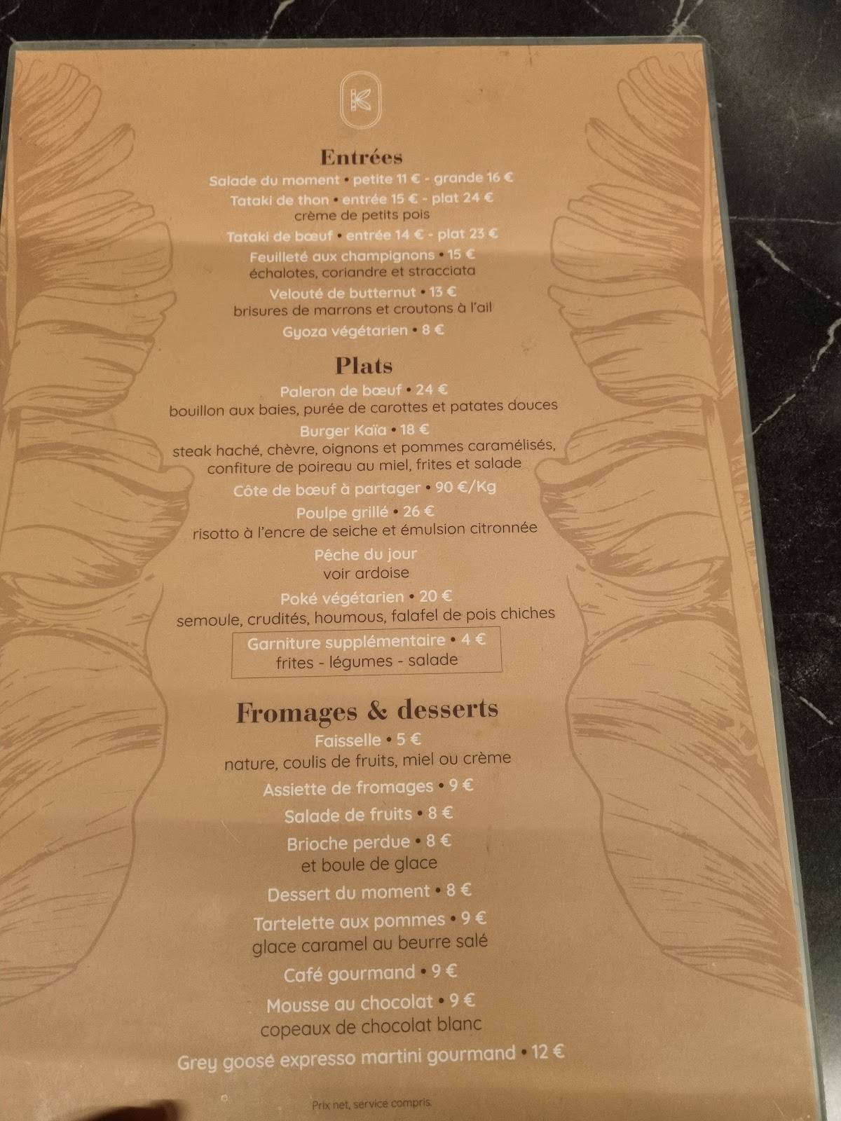 Menu at Kaïa restaurant, Lyon