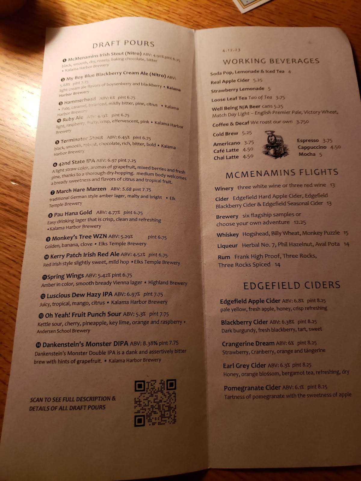 Menu at McMenamins Pub at Kalama Harbor Lodge, Kalama