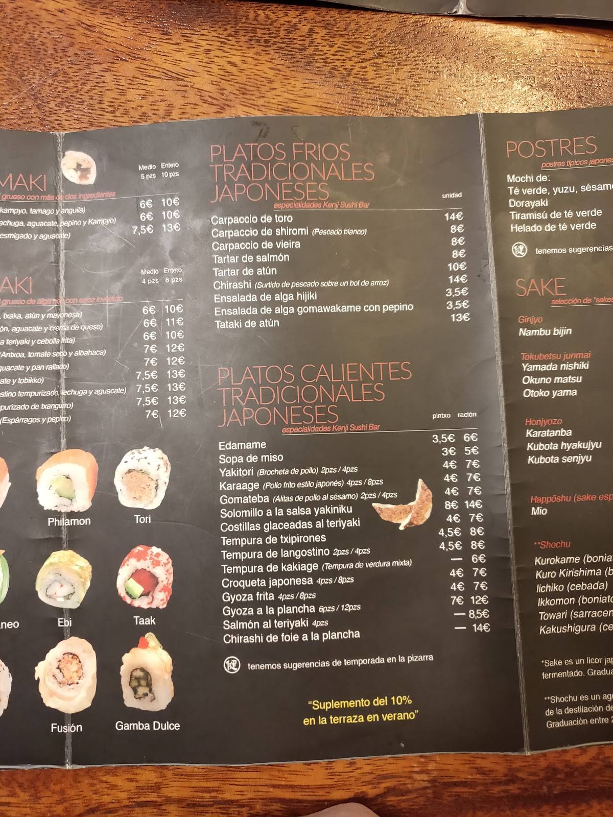 Carta de Kenji Sushi Bar, San Sebastián