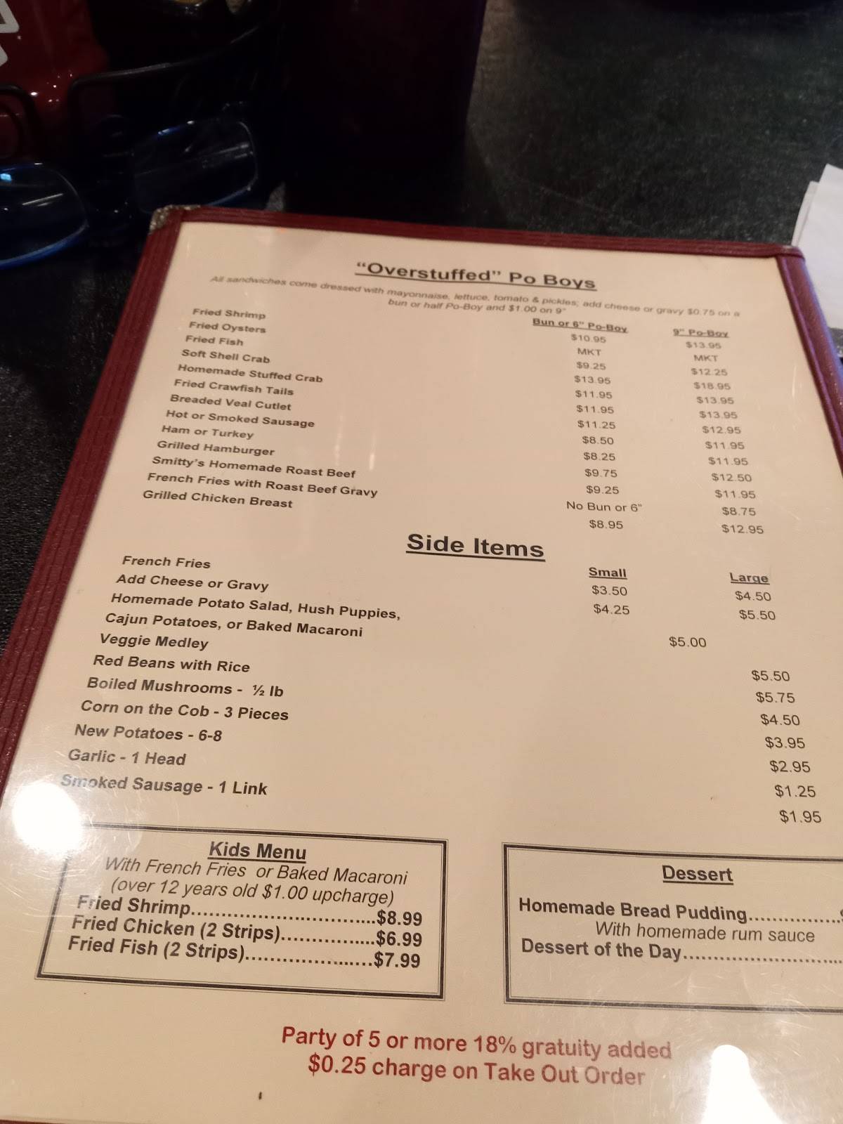 Menu at Smitty's Seafood restaurant, Kenner, W Esplanade Ave