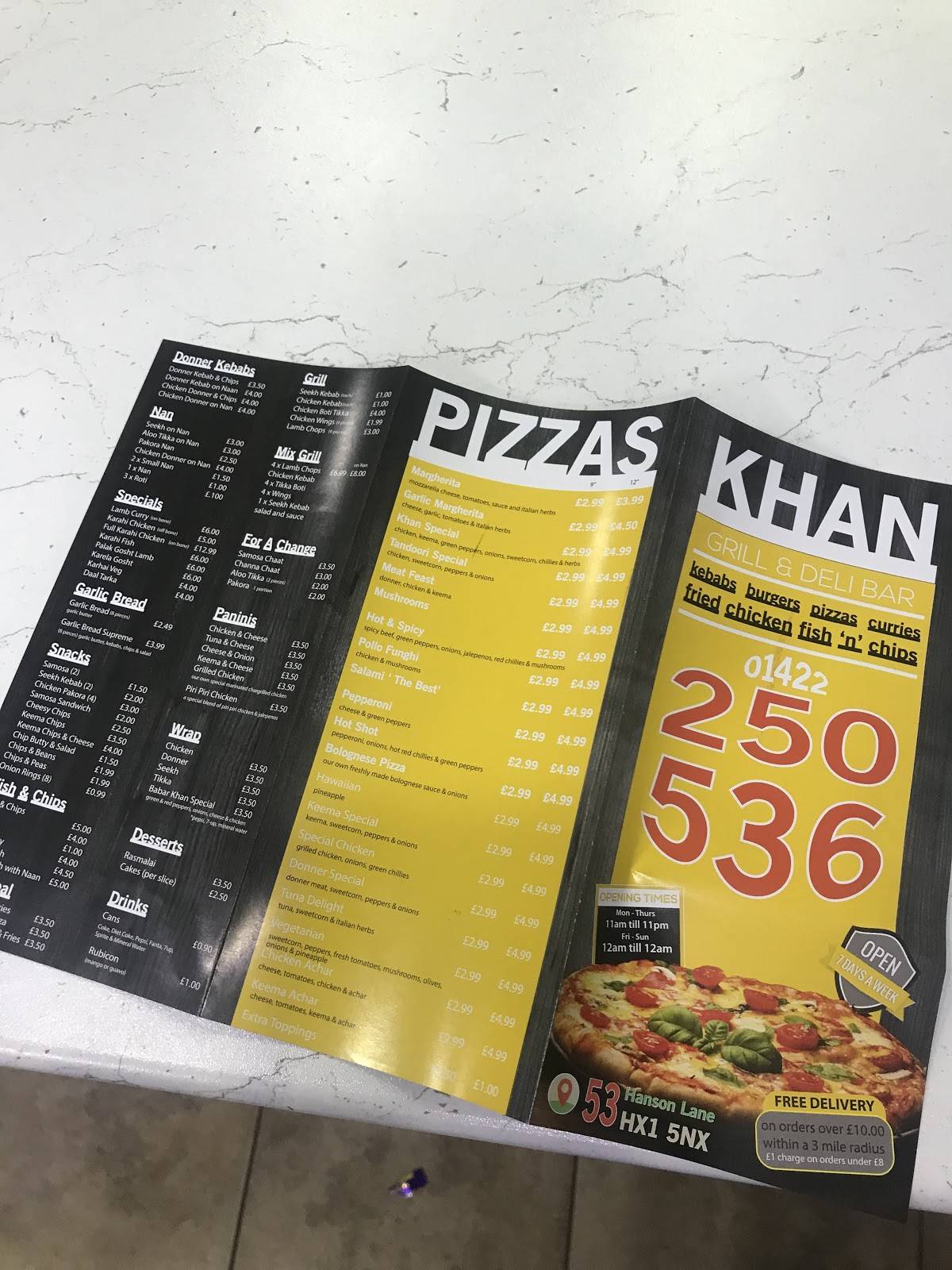 Menu at Khan’s Takeaway restaurant, Halifax