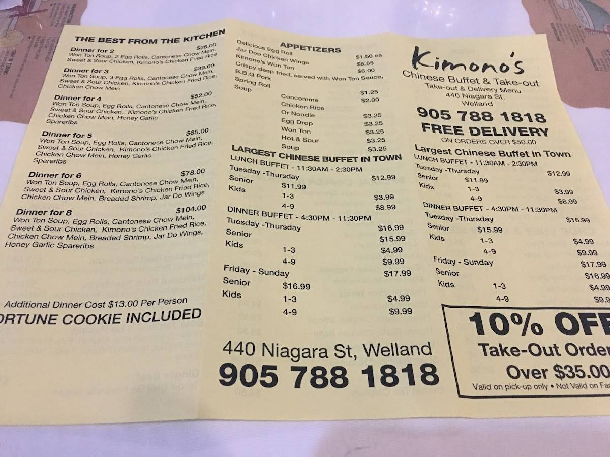 Menu at Kimono's Chinese takeout restaurant, Welland