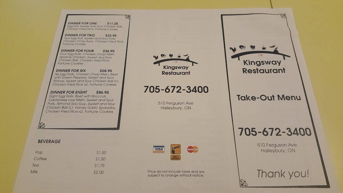Menu at Kingsway Restaurant, Temiskaming Shores
