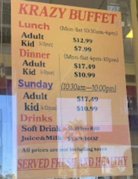 Menu at Krazy Buffet restaurant, Las Vegas, W Sahara Ave