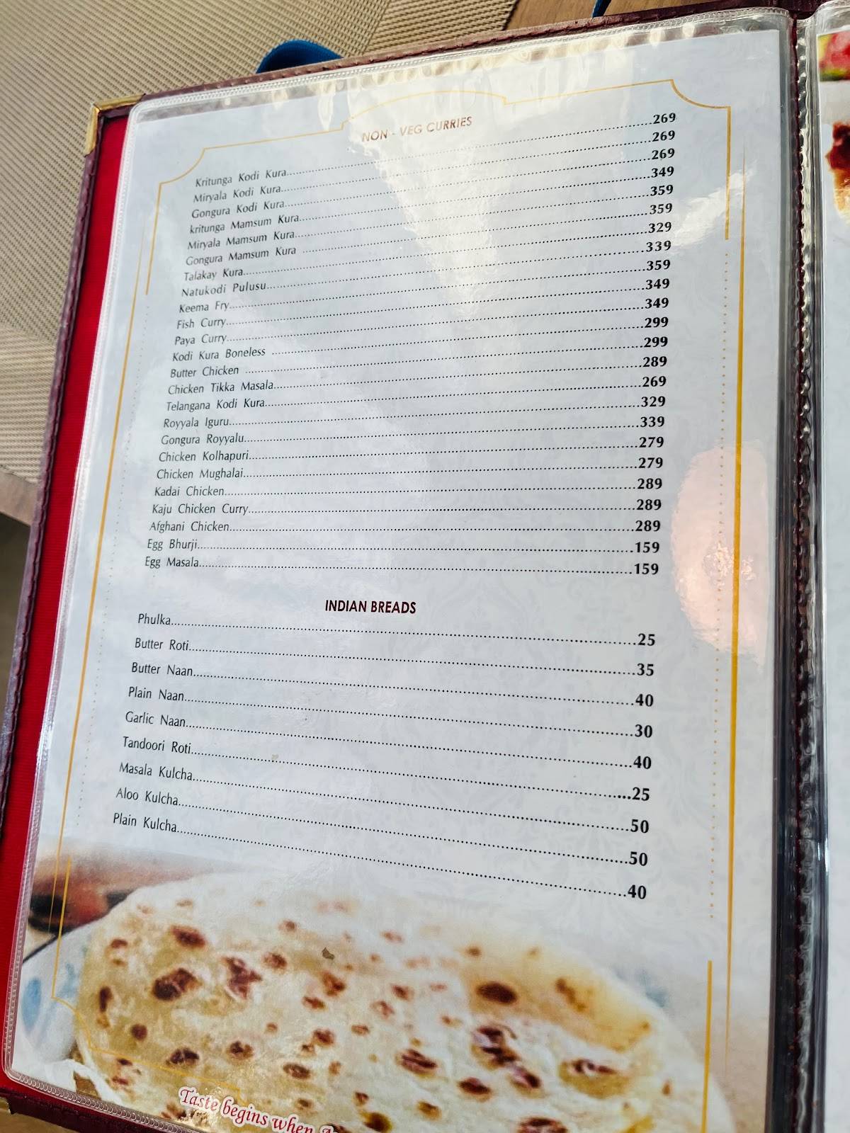 Menu at Kritunga restaurant, Nalgonda