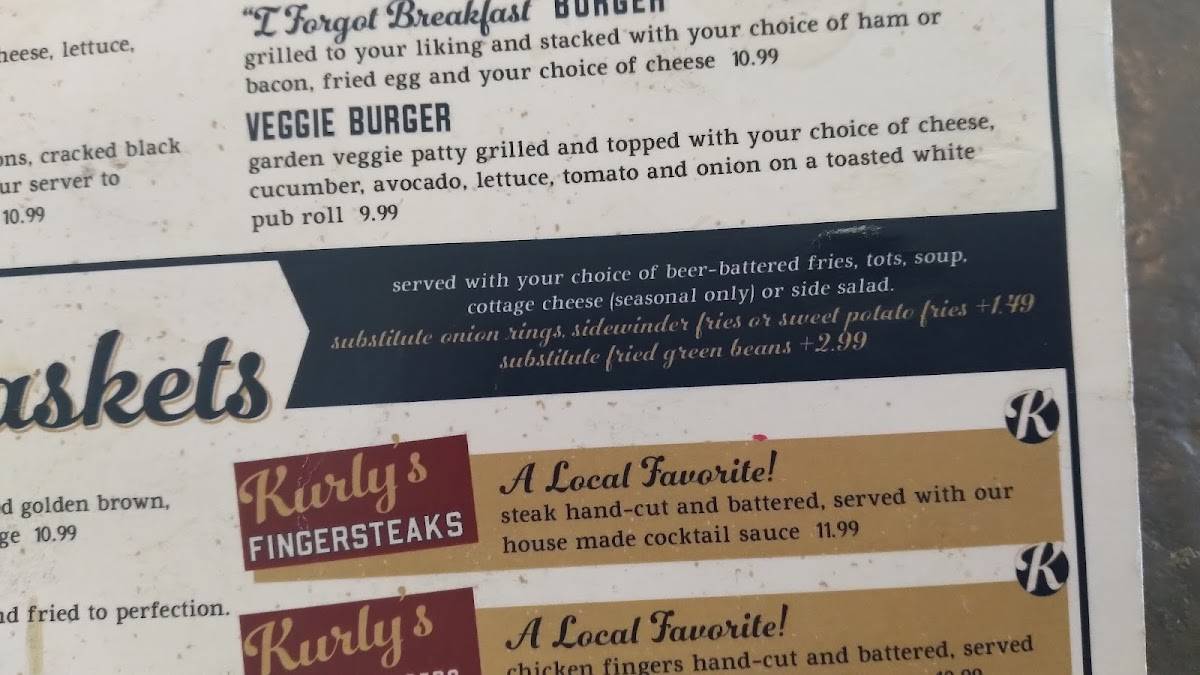 Menu at Kurly's on the Green restaurant, Mountain Home