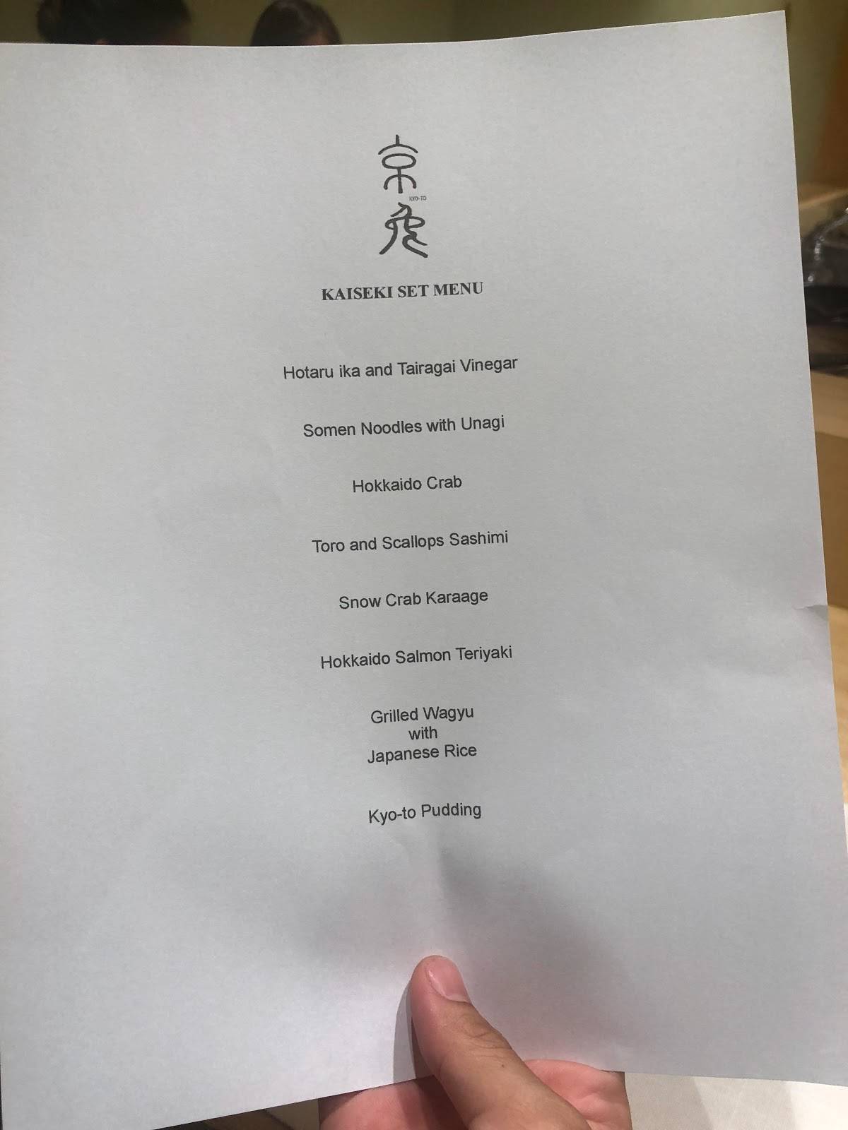 Menu at Kyō To restaurant, Makati
