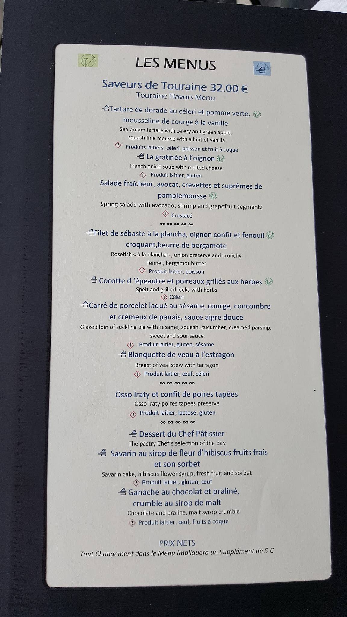 Menu au L'Orangerie restaurant, Chenonceaux, Château de Chenonceau