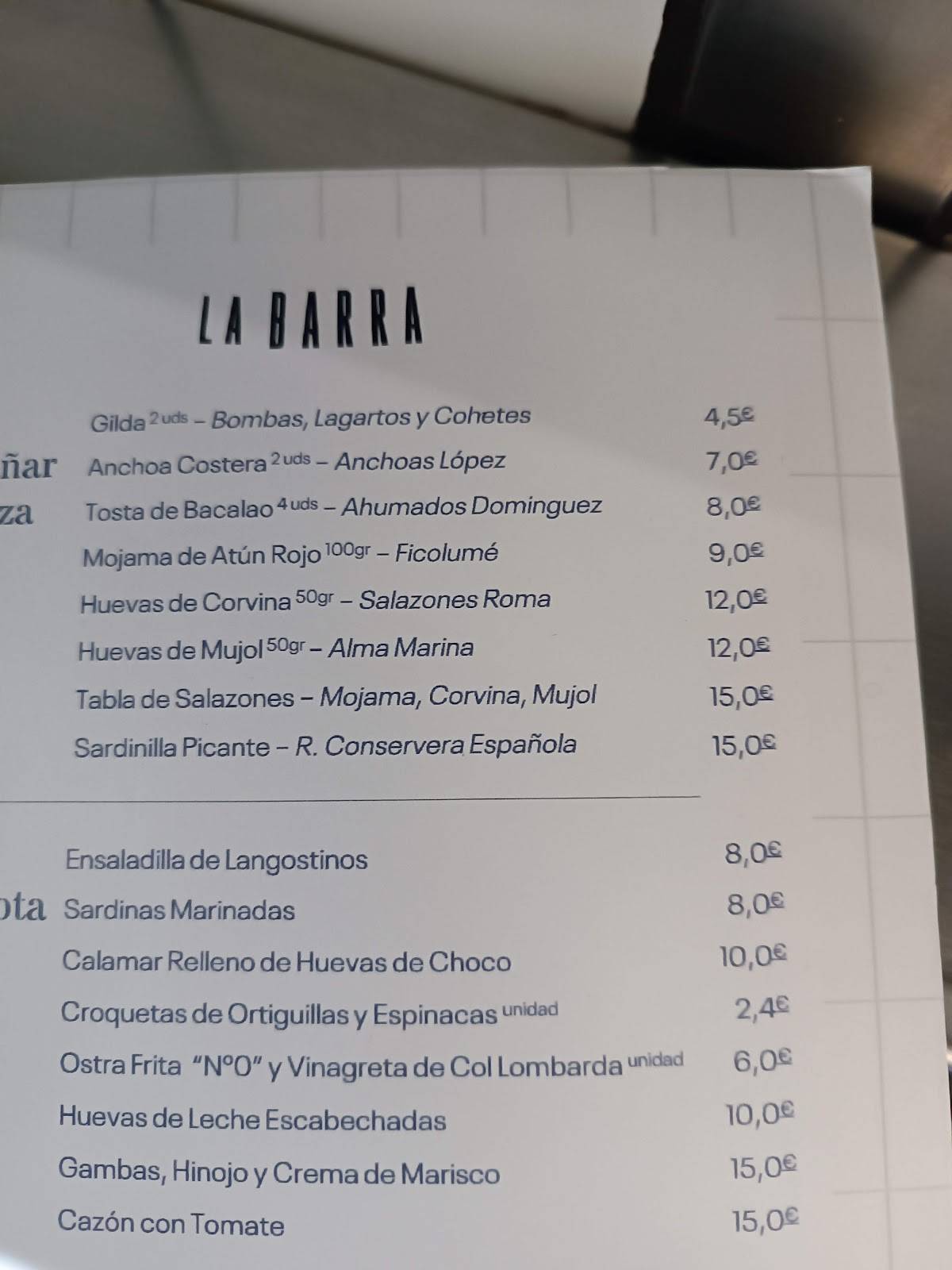 Menu at La Barra de Cañabota, Seville, C. Orfila