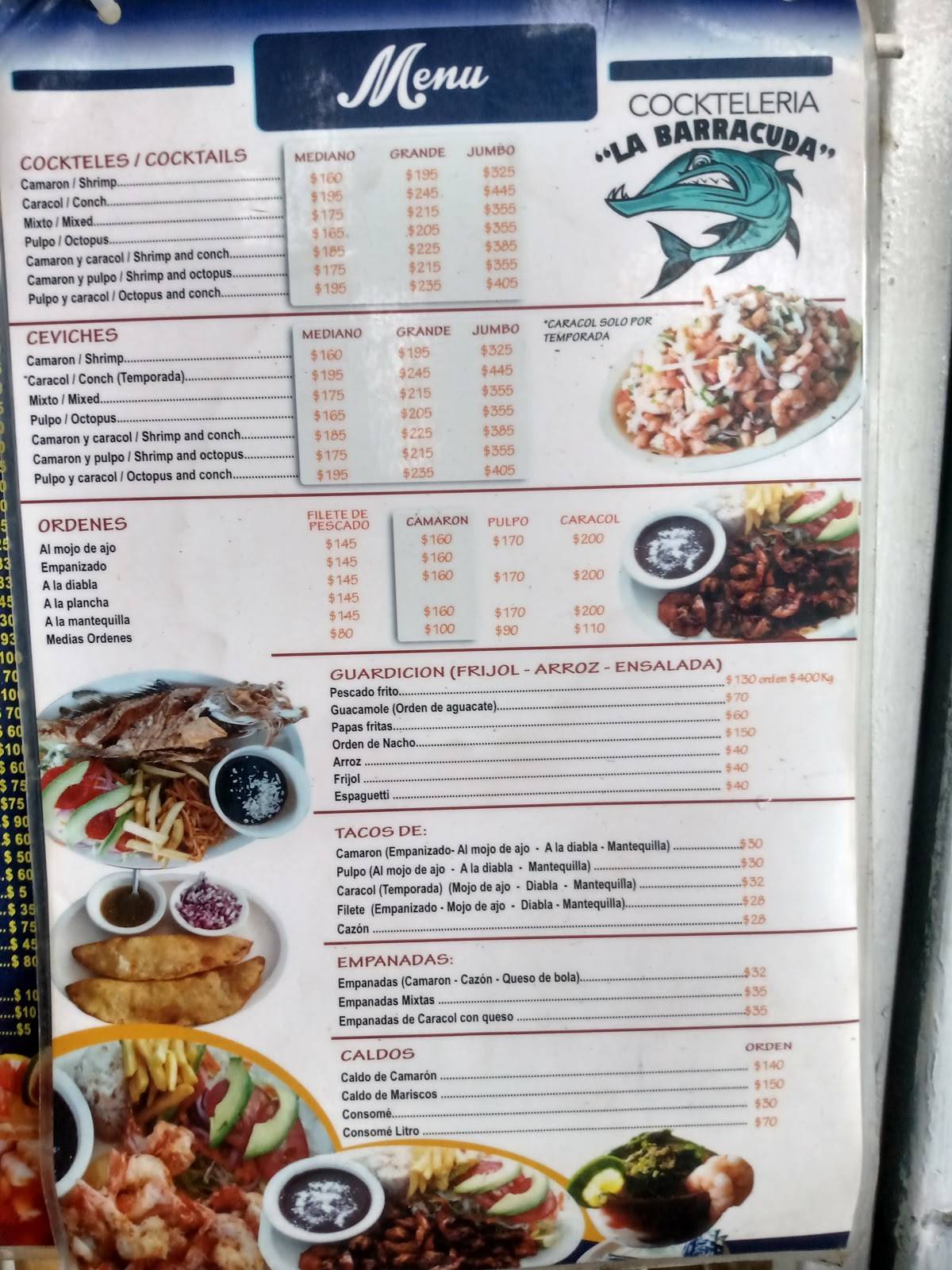 Carta de La Barracuda Seafood, Playa del Carmen