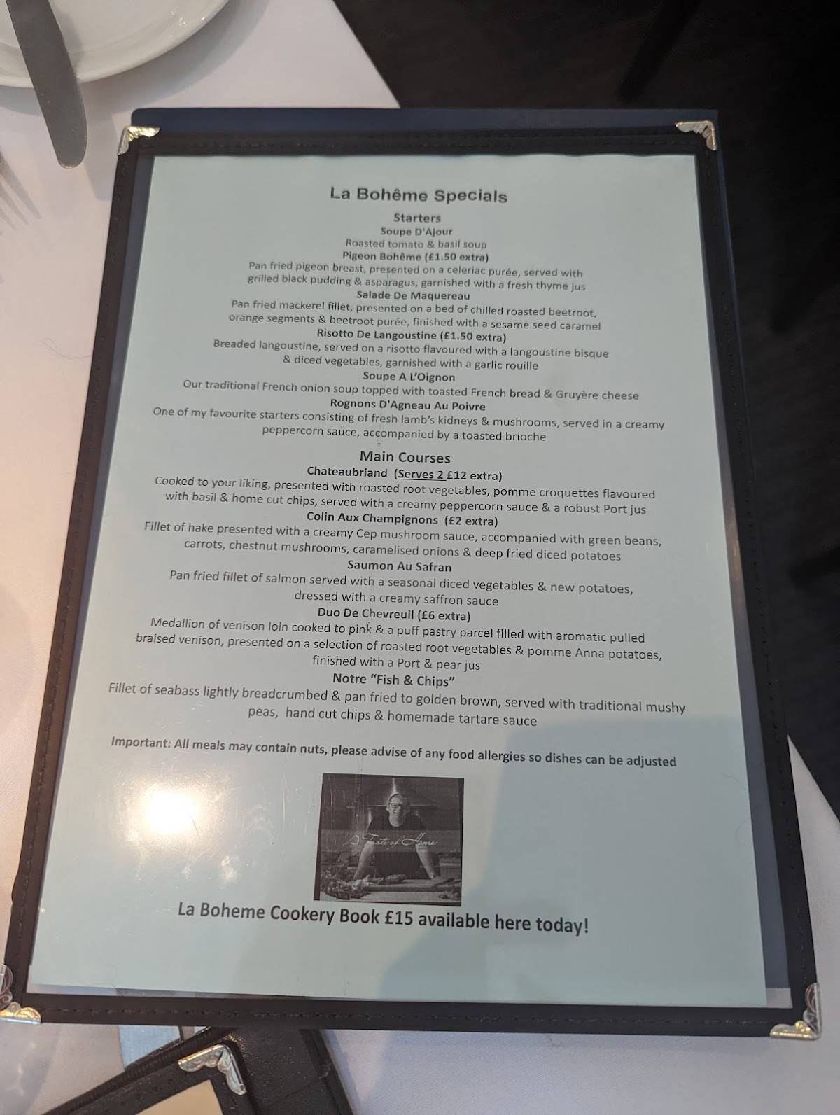 Menu at La Boheme restaurant, Lymm