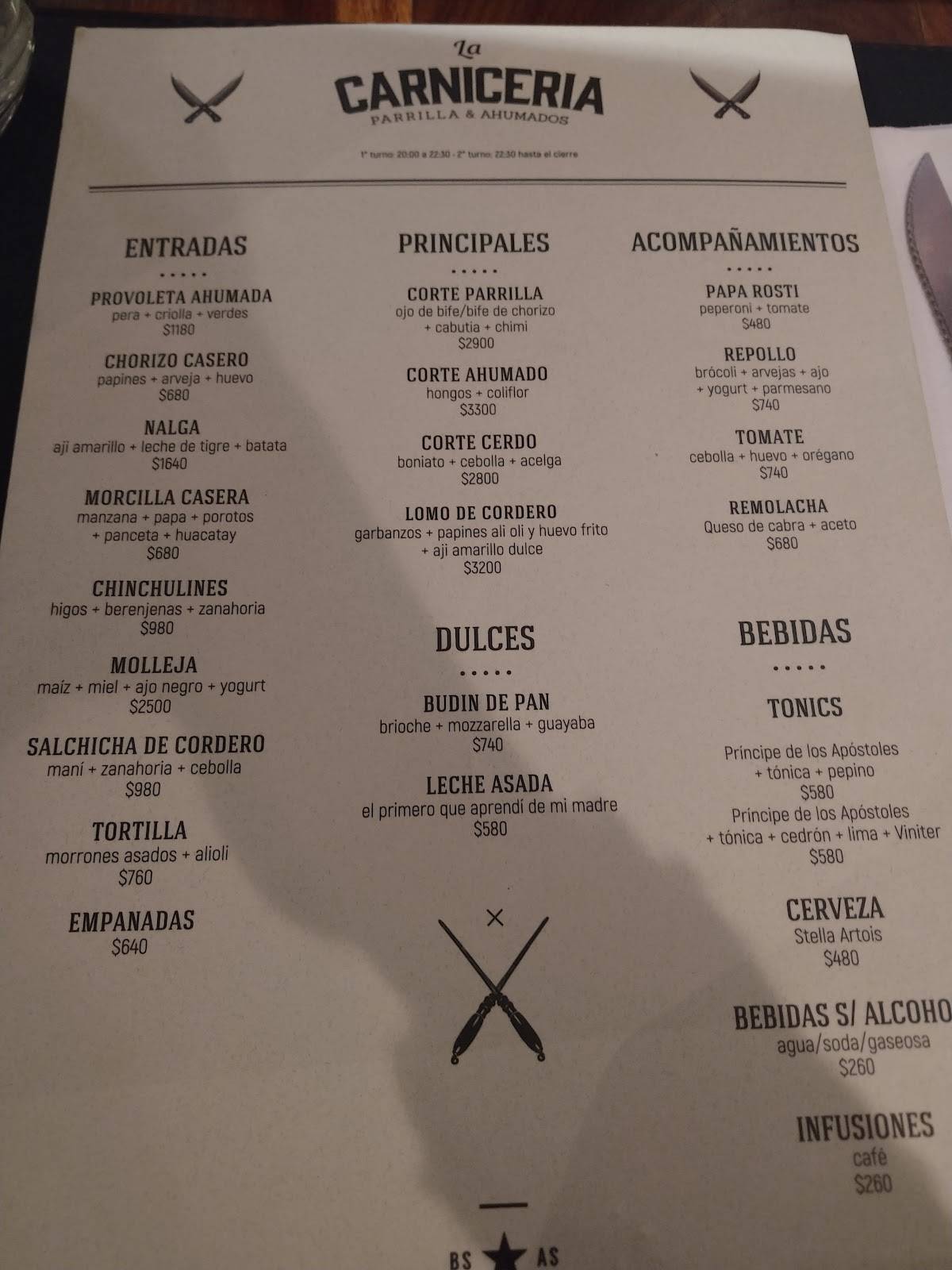 Menu at La Carnicería pub & bar, Buenos Aires