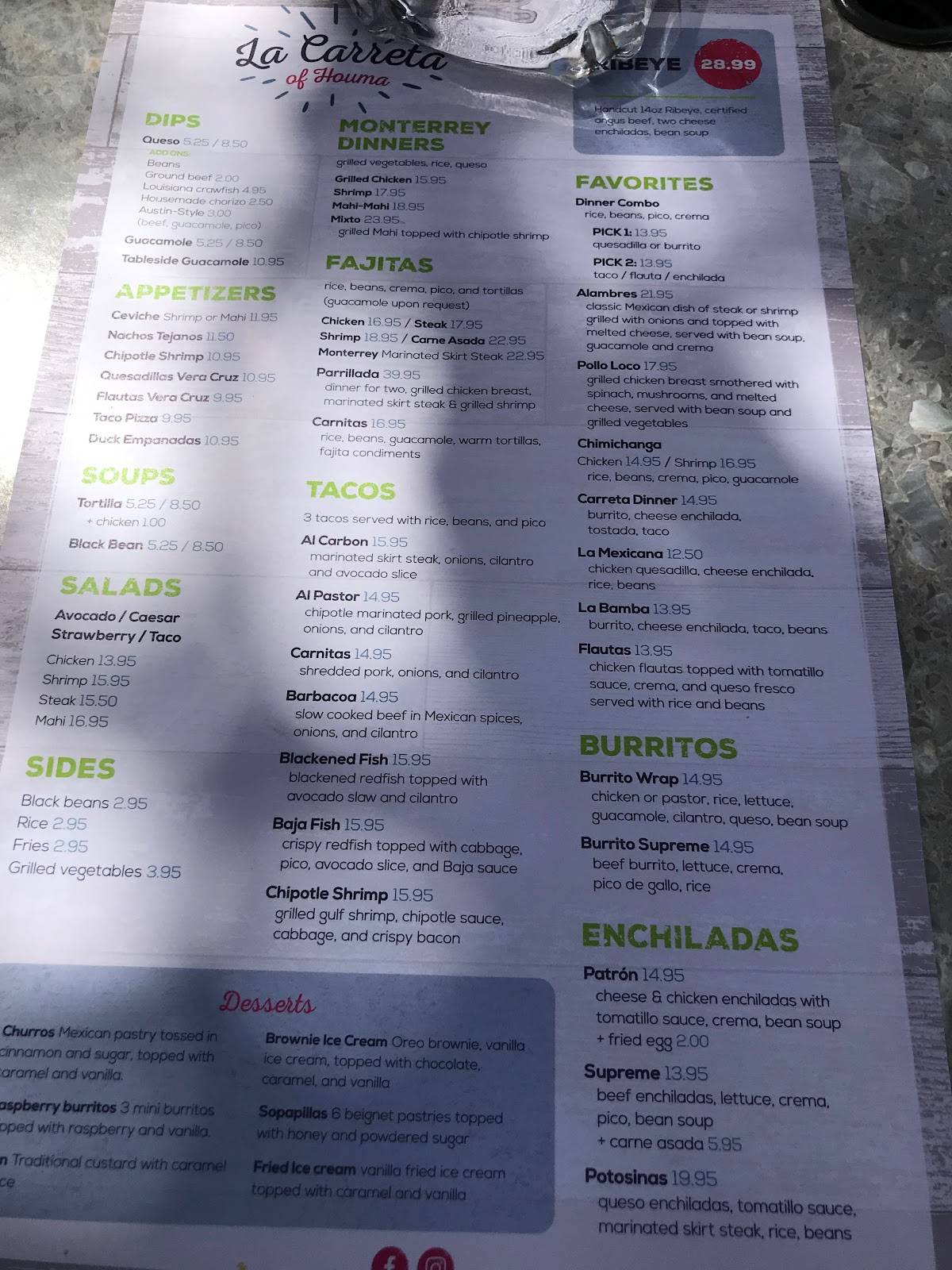Menu at La Carreta restaurant, Houma
