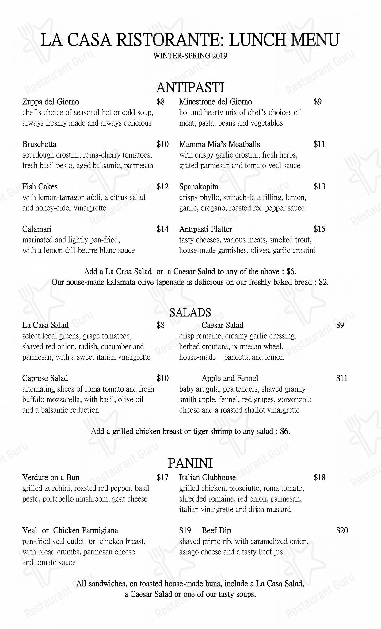 Menu at La Casa restaurant, London