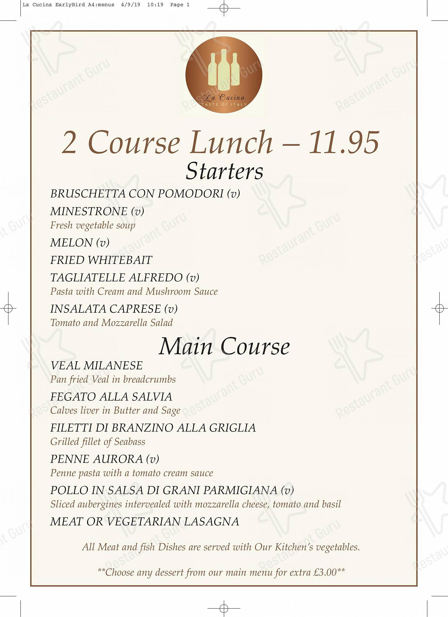 Menu at La Cucina restaurant, Nice