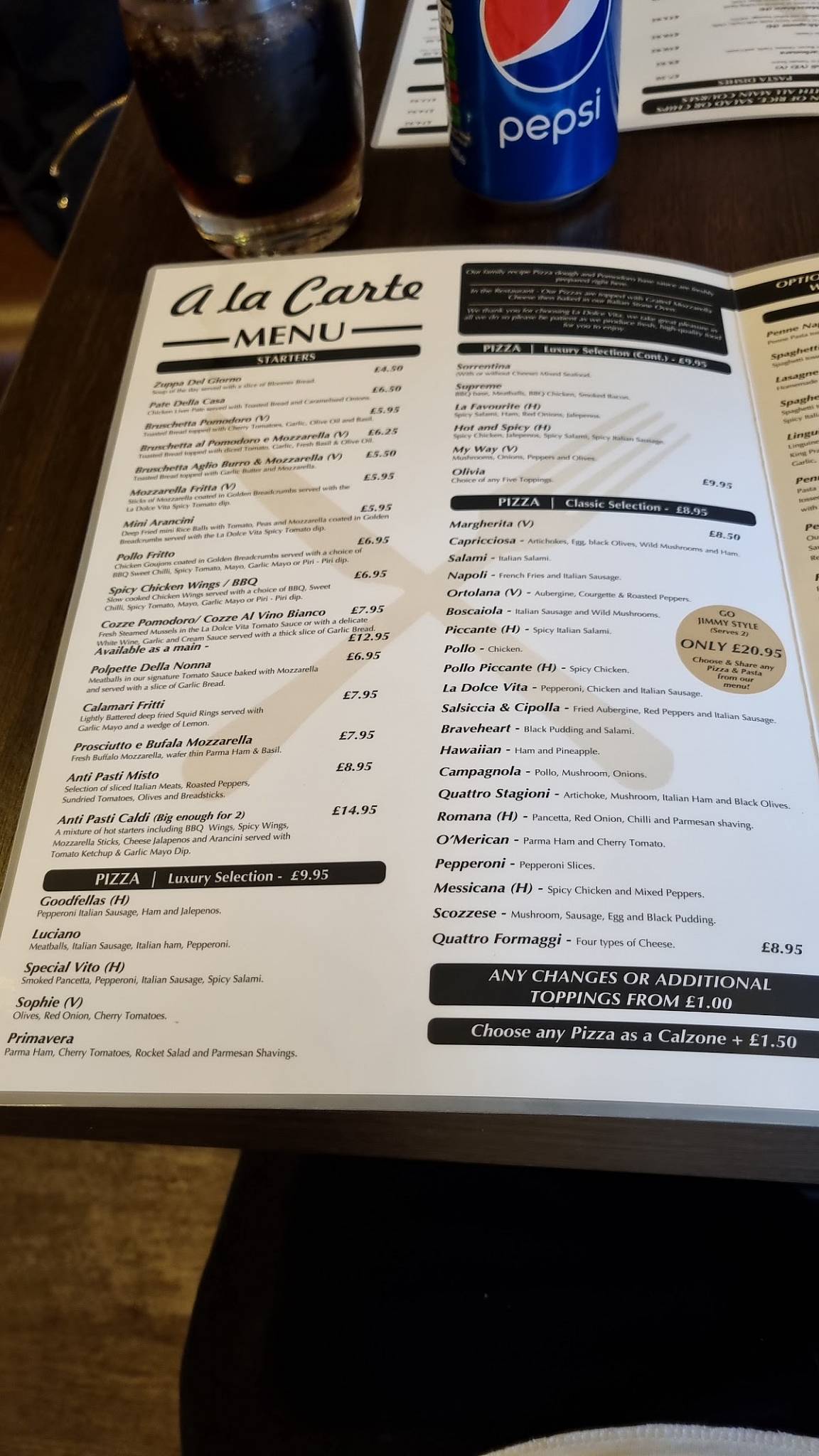 Menu at La Dolce Vita restaurant, Glasgow