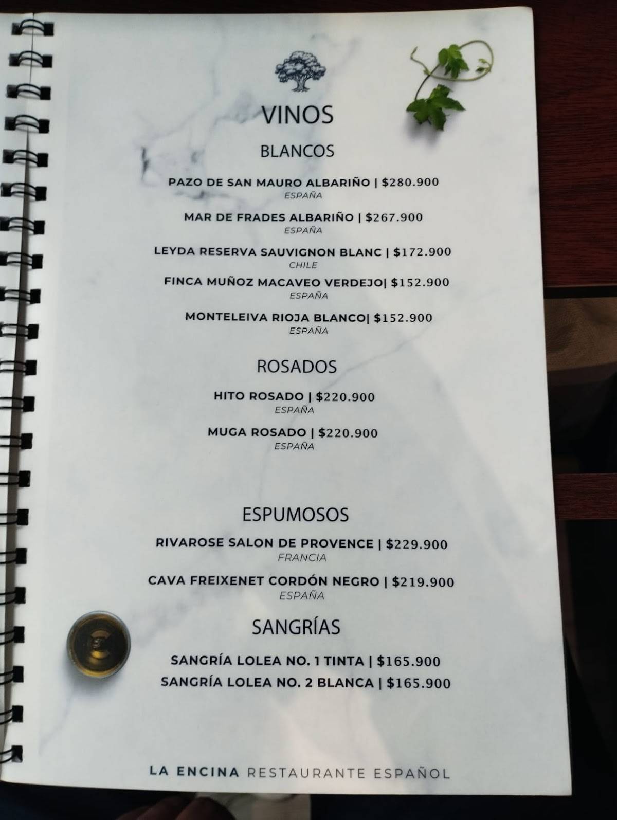 Carta del restaurante La Encina, Bogotá