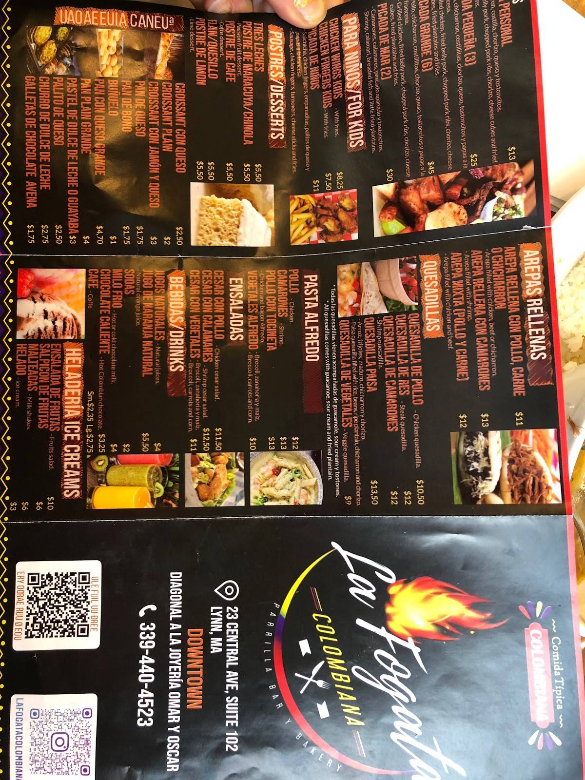Menu at La Fogata Colombiana restaurant, Lynn