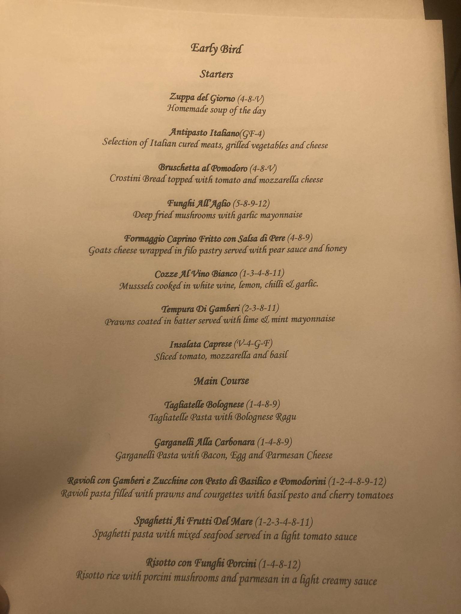 Menu at La Fontana restaurant, Waterford