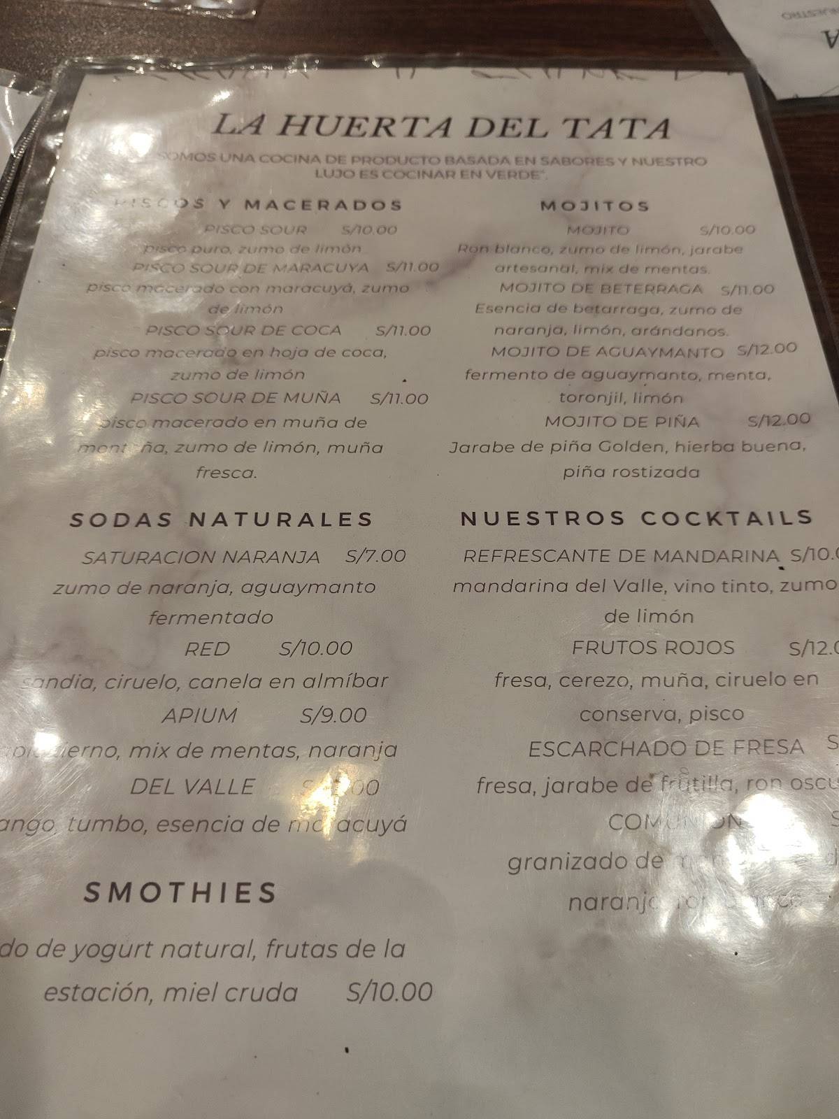 Menu at La Huerta Del Tata restaurant, Cusco