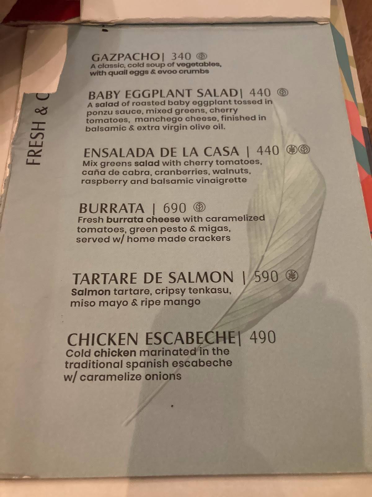 Menu at La Pícara Manila restaurant, Taguig